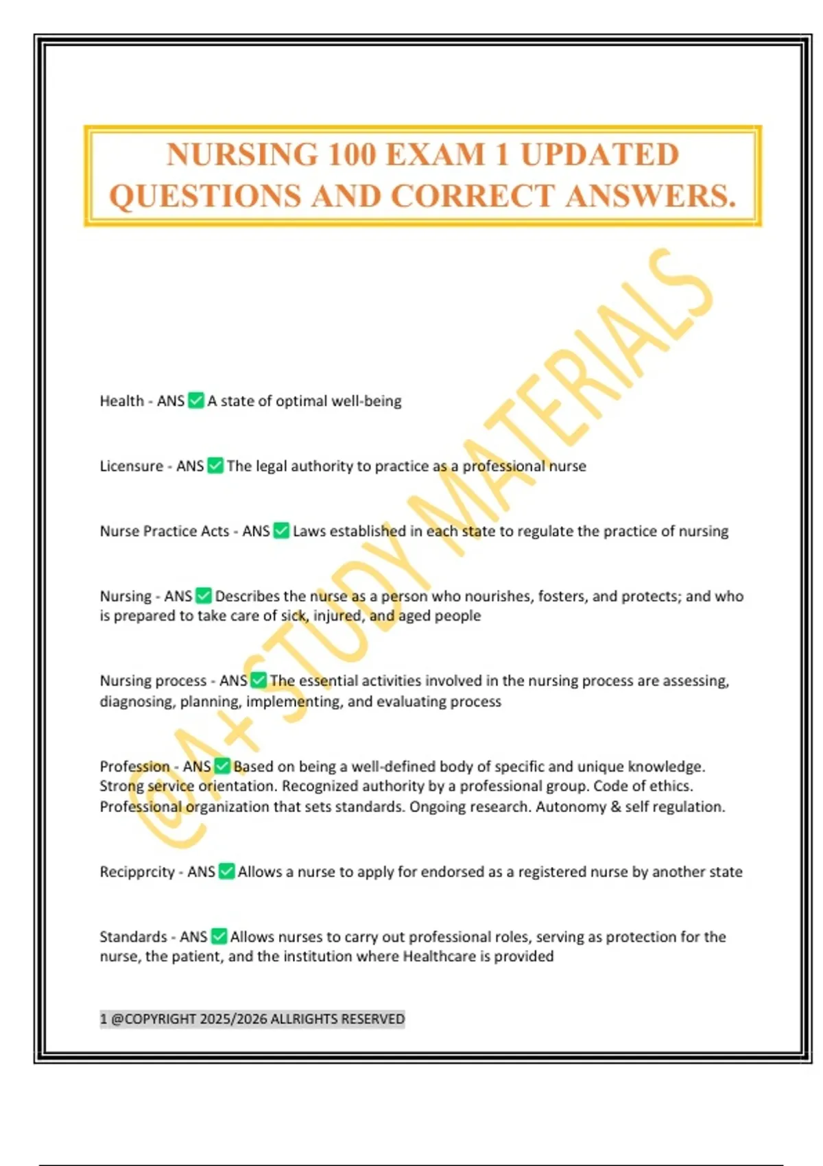 NURSING 100 EXAM 1 UPDATED QUESTIONS AND CORRECT ANSWERS - NURSING 100 ...