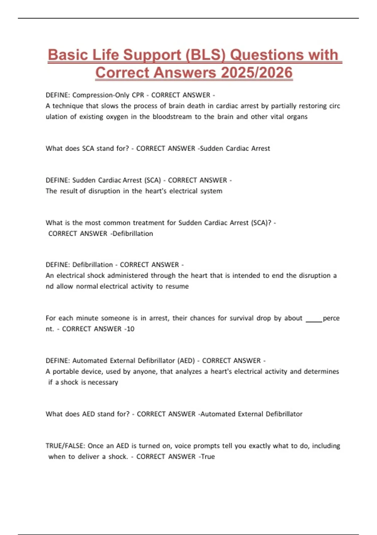 Basic Life Support (BLS) Questions with Correct Answers 2025/2026 - Basic Life Support - Stuvia US