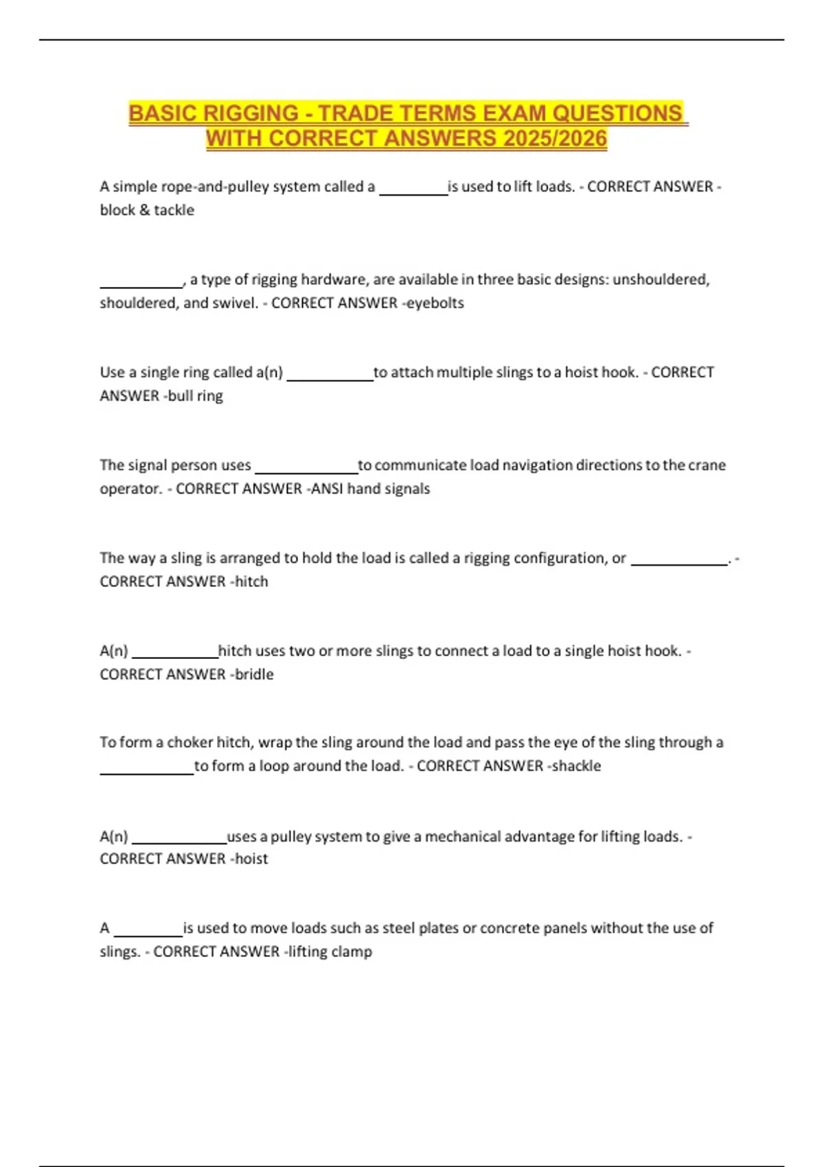 BASIC RIGGING - TRADE TERMS EXAM QUESTIONS WITH CORRECT ANSWERS 2025/ ...