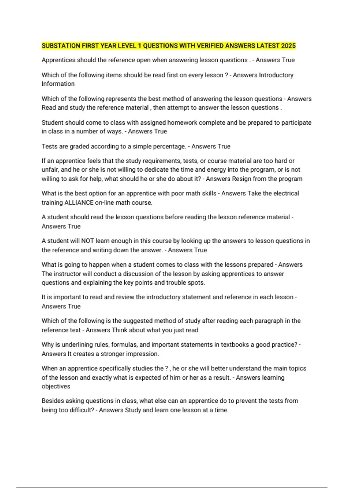 SUBSTATION FIRST YEAR LEVEL 1 QUESTIONS WITH VERIFIED ANSWERS LATEST ...