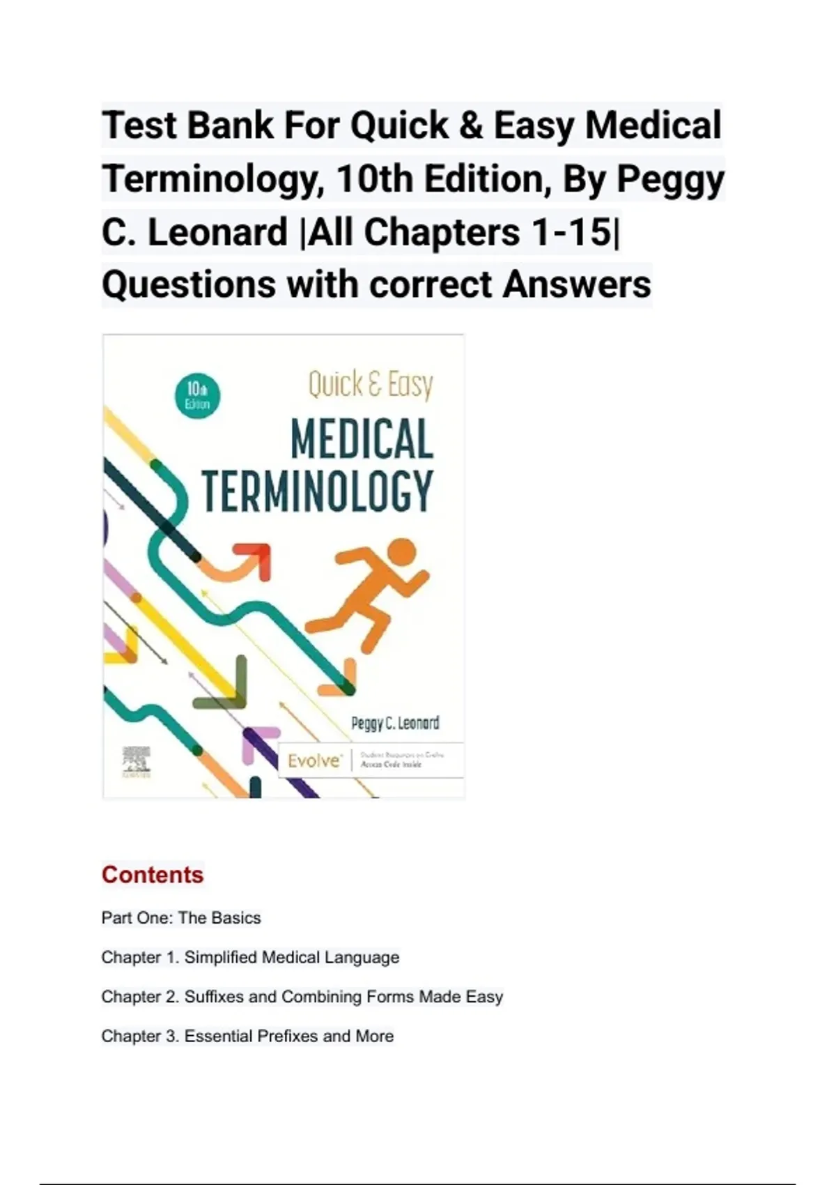 TEST BANK FOR Quick & Easy Medical Terminology 10th Edition by Peggy C ...
