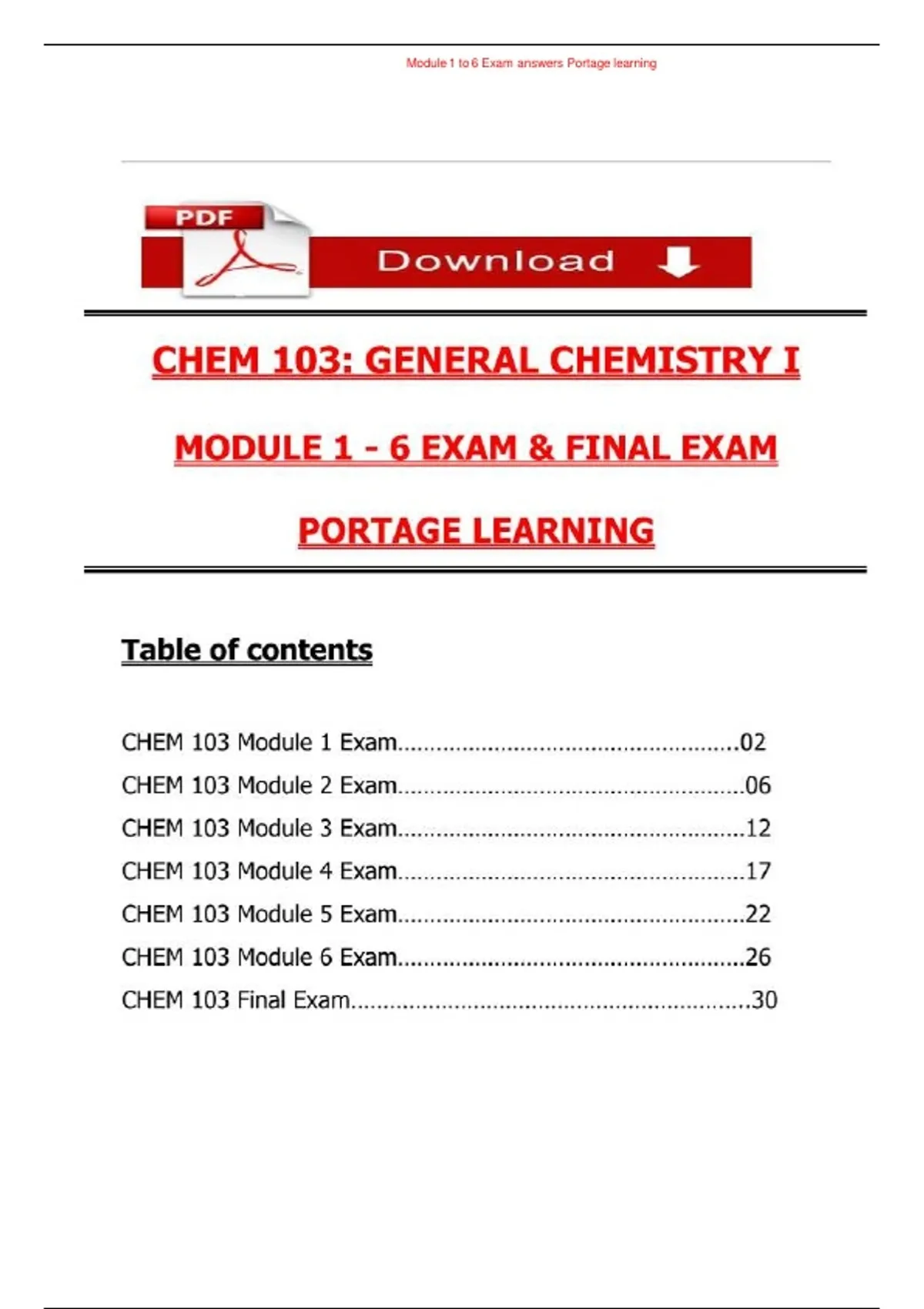 Chem 103 Module 1 to 6 Exam & Final Exam Portage learning (Latest 2025 ...