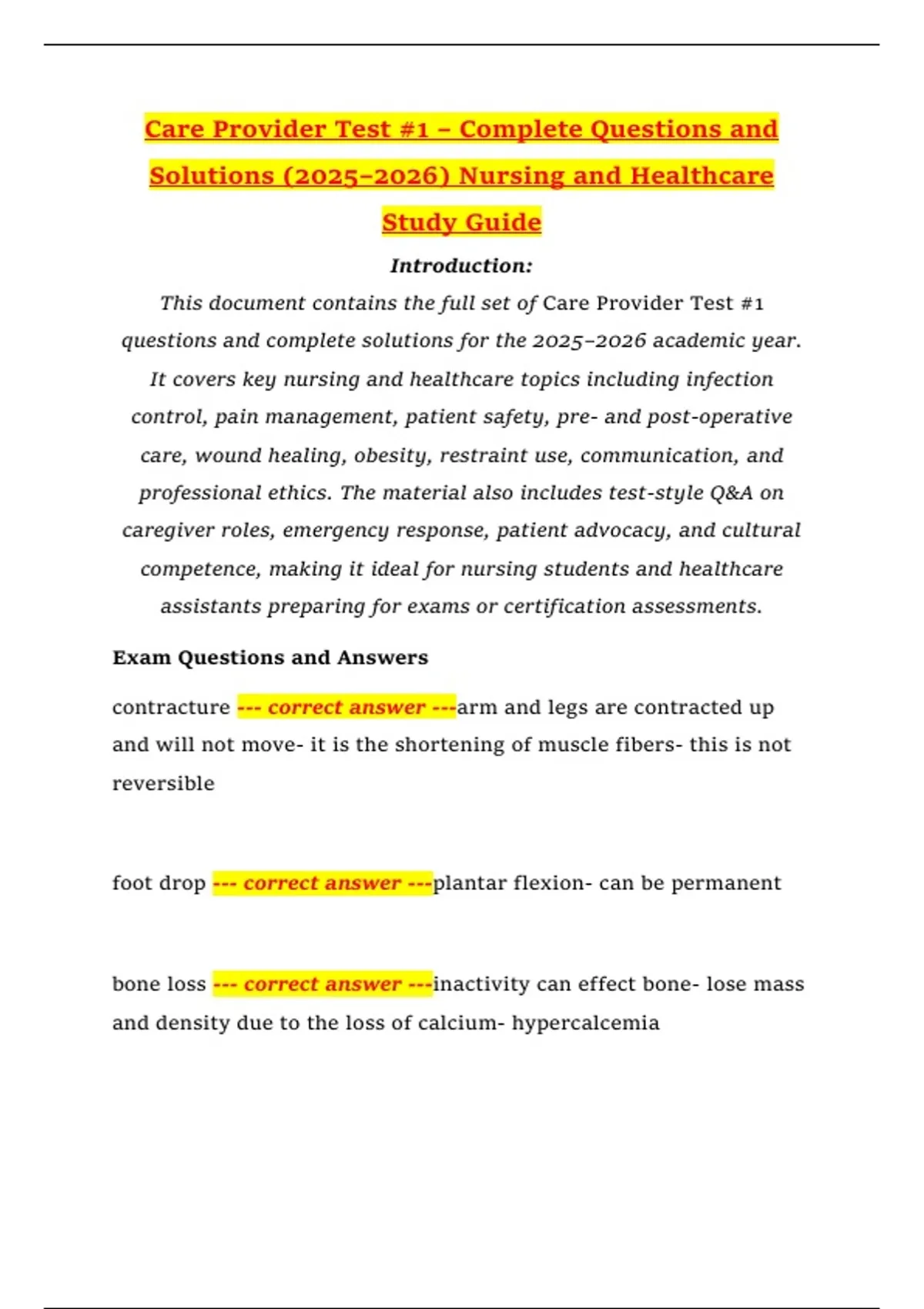 Care Provider Test #1 – Complete Questions and Solutions (2025–2026 ...