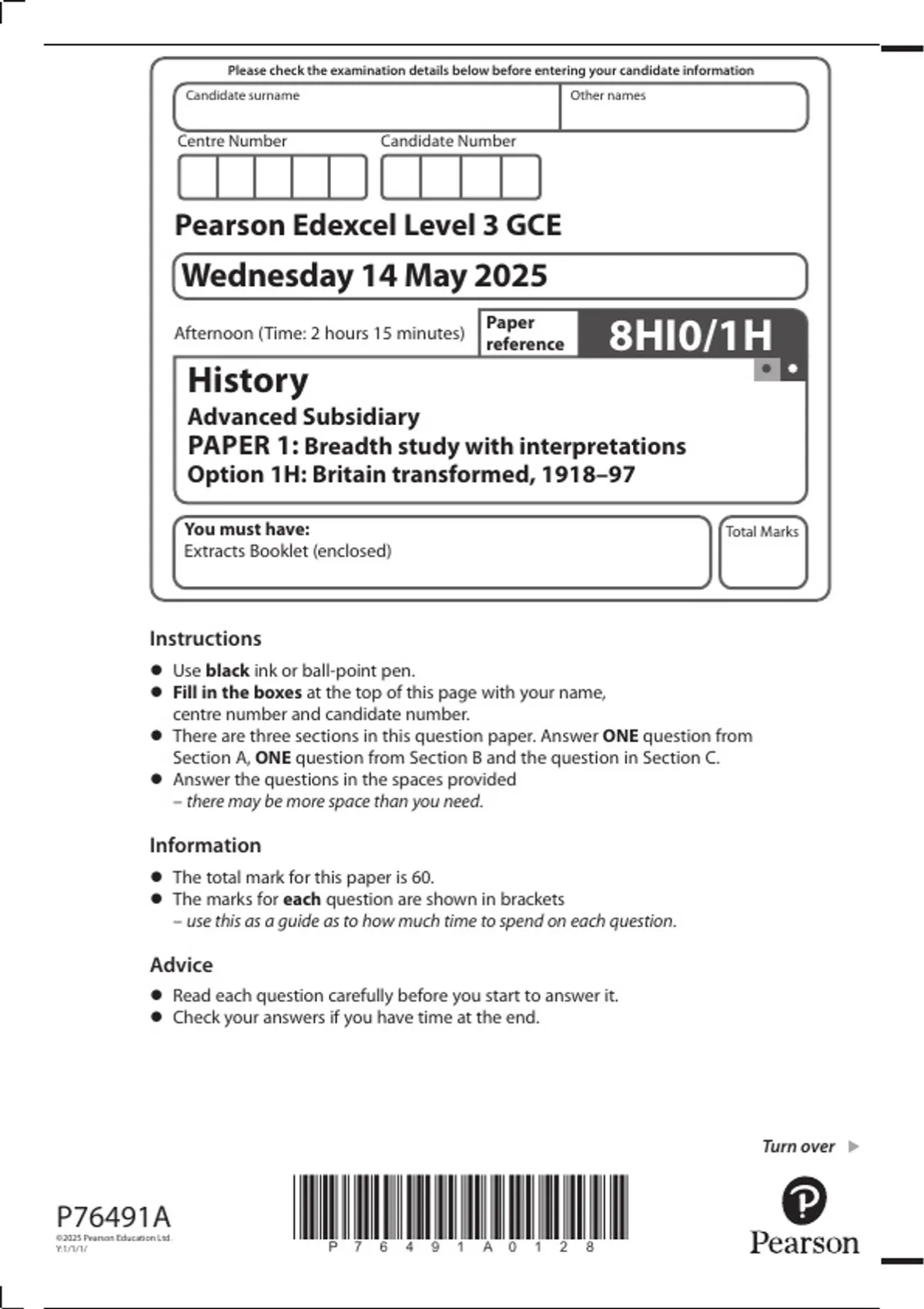 2025 Pearson Edexcel In GCE History (8HI0/1H) Advanced Subsidiary Paper ...
