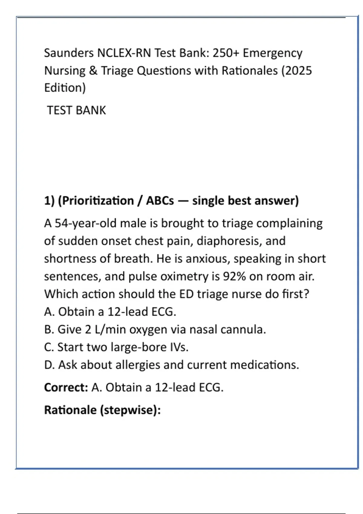 Saunders NCLEX-RN Test Bank 2025 | 250+ NGN Emergency Nursing & Triage ...