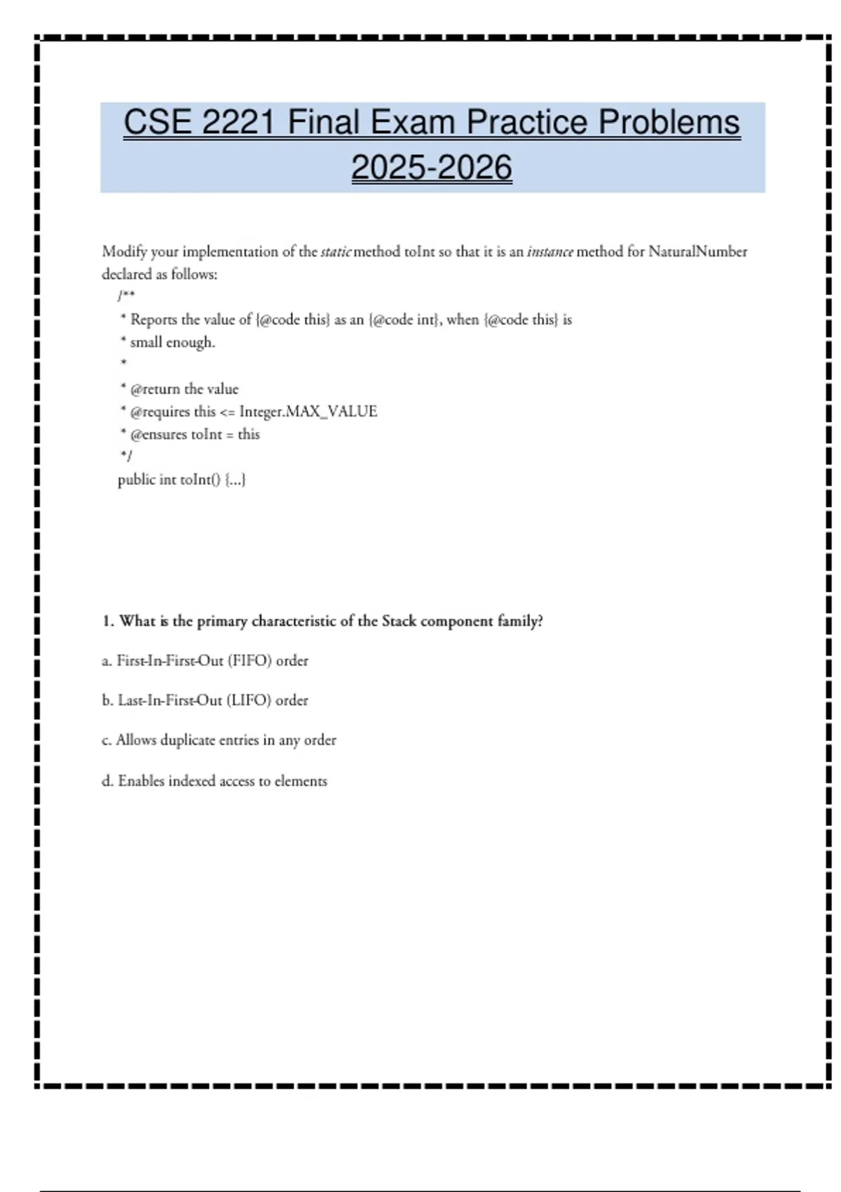 CSE 2221 Final Exam Practice Problems - CSE 2221: Software I - Data ...