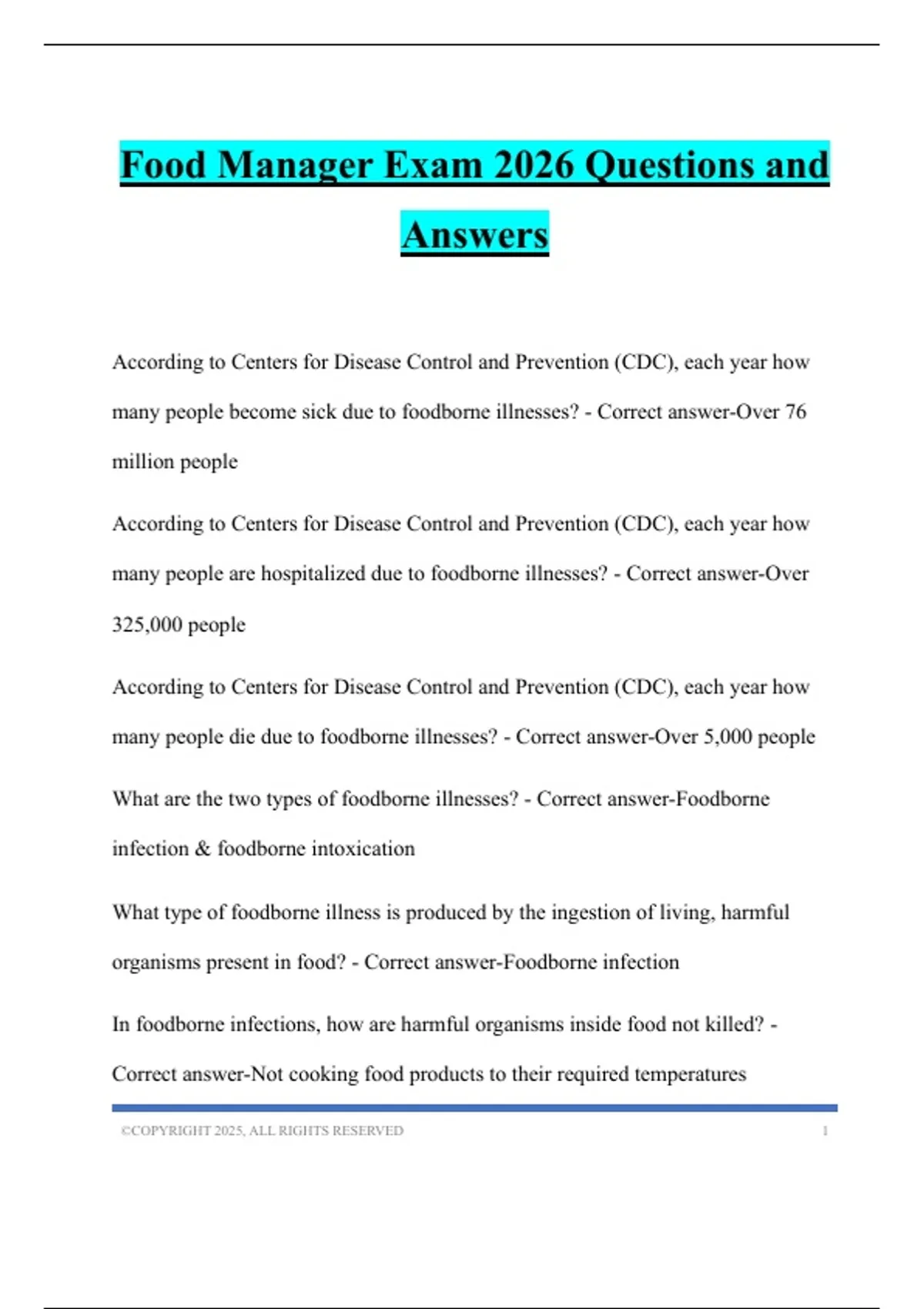 Food mananger certification Bundled Tests 2026 Questions and Answers ...