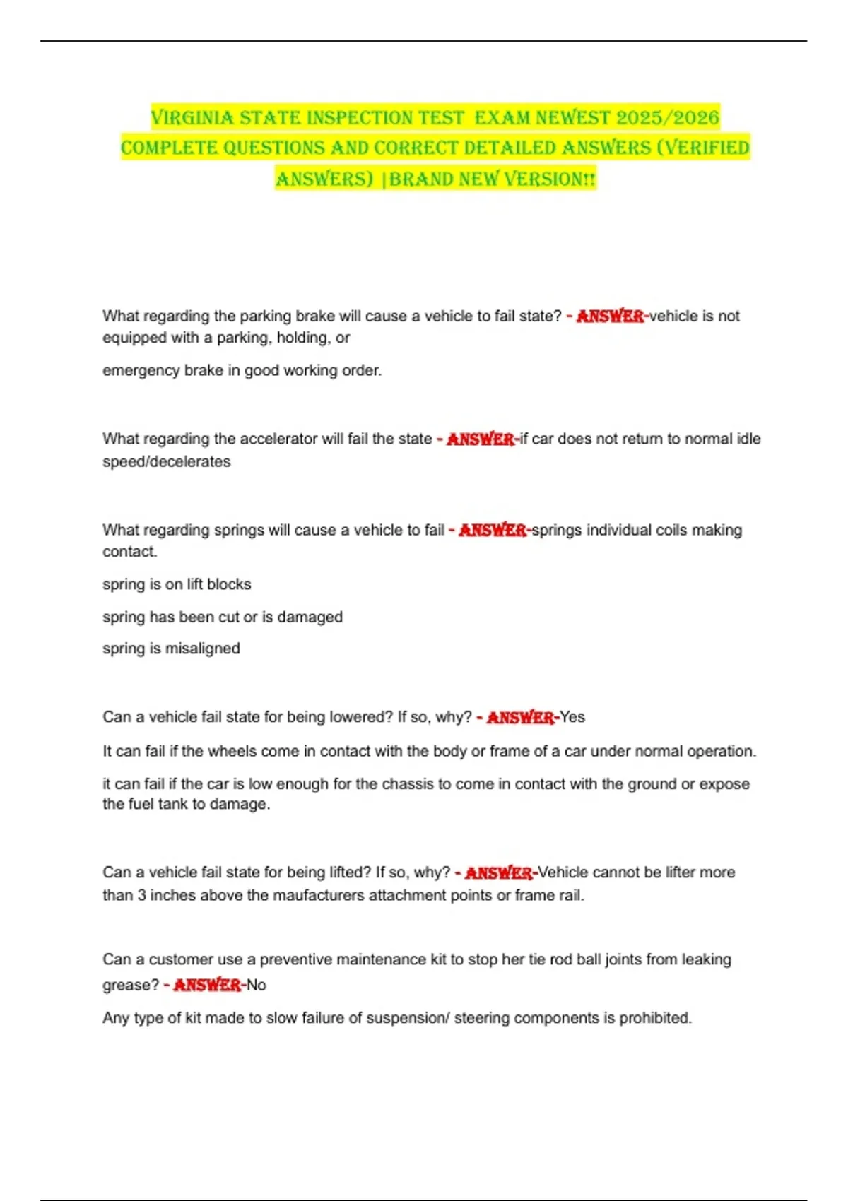 VIRGINIA STATE INSPECTION TEST EXAM NEWEST 2025/2026 COMPLETE QUESTIONS ...