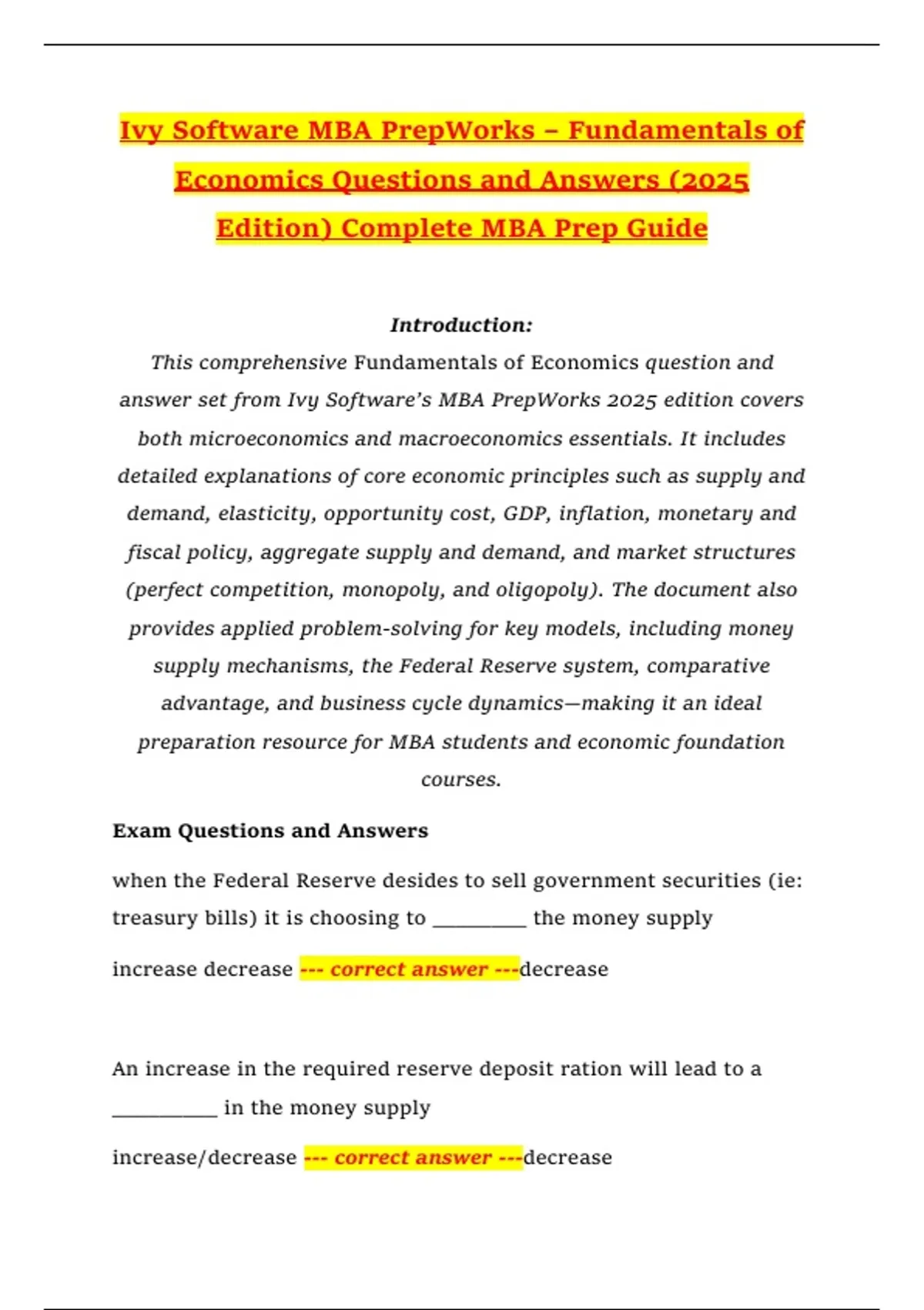 Ivy Software MBA PrepWorks – Fundamentals of Economics Questions and ...