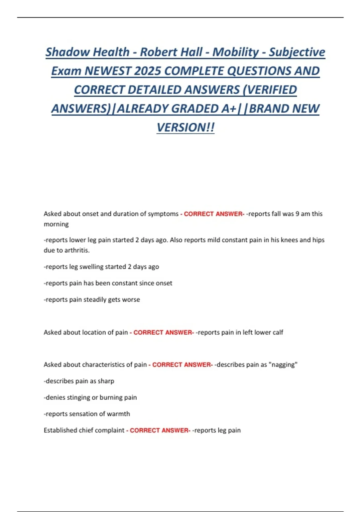 Shadow Health: Robert Hall Mobility Subjective Exam – Nursing ...