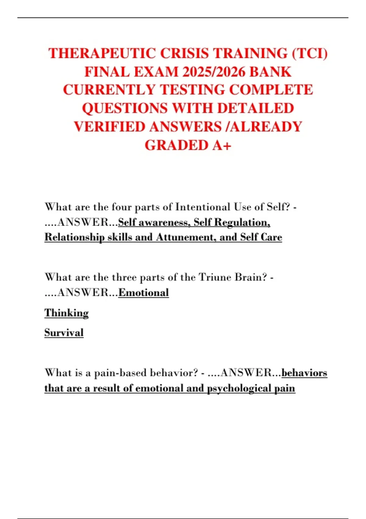 THERAPEUTIC CRISIS TRAINING (TCI) FINAL EXAM 2025/2026 BANK CURRENTLY ...