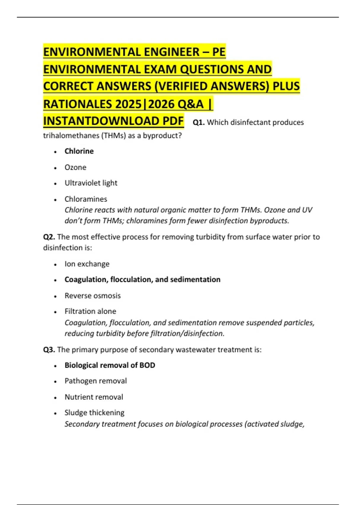 ENVIRONMENTAL ENGINEER – PE ENVIRONMENTAL EXAM QUESTIONS AND CORRECT ANSWERS (VERIFIED ANSWERS ...