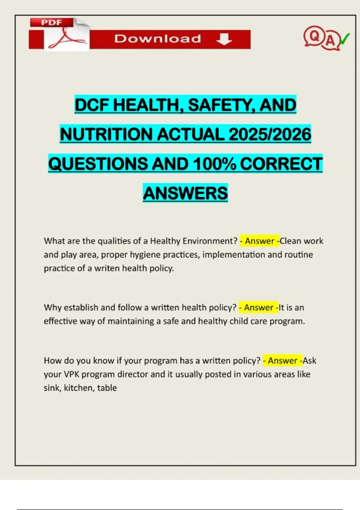 DCF HEALTH, SAFETY, AND NUTRITION ACTUAL 2025/2026 QUESTIONS AND 100% ...
