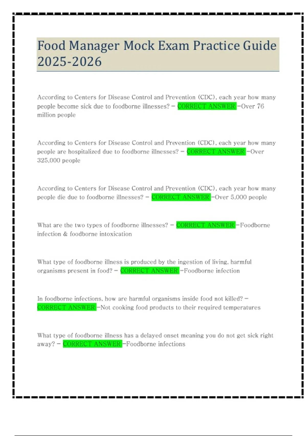 Food Manager Mock Exam Practice Guide - Food Manager CDCR - Stuvia US