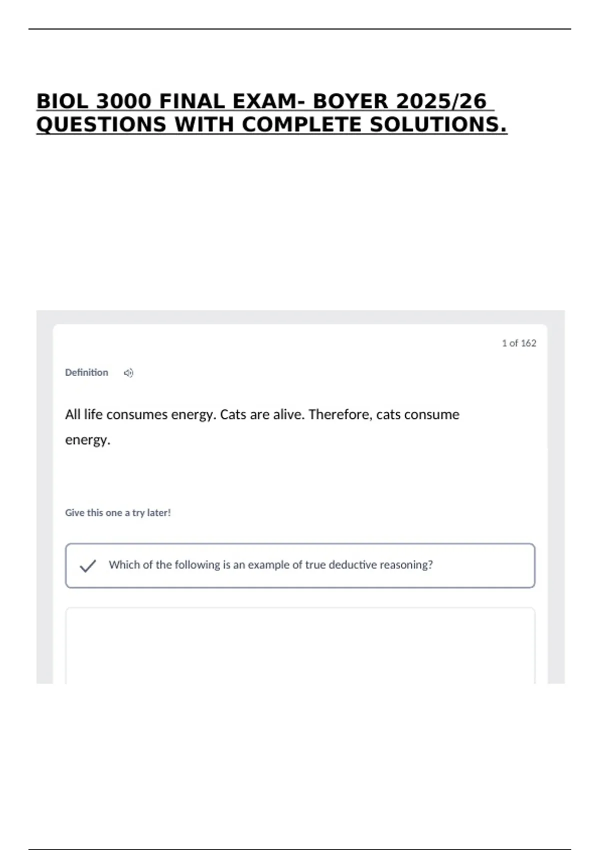 BIOL 3000 FINAL EXAM- BOYER 2025/26 QUESTIONS WITH COMPLETE SOLUTIONS ...