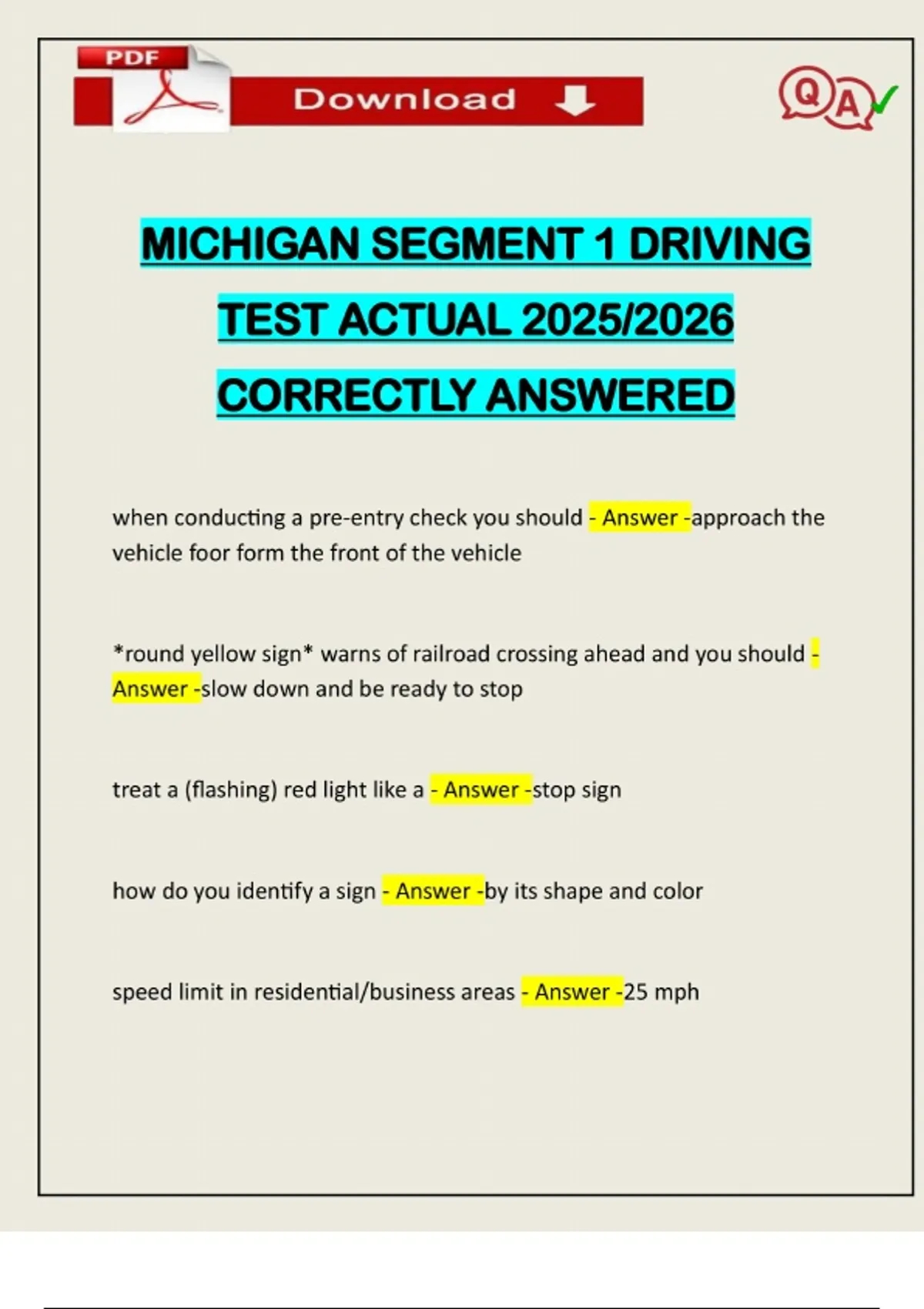 MICHIGAN SEGMENT 1 DRIVING TEST ACTUAL 2025/2026 CORRECTLY ANSWERED ...
