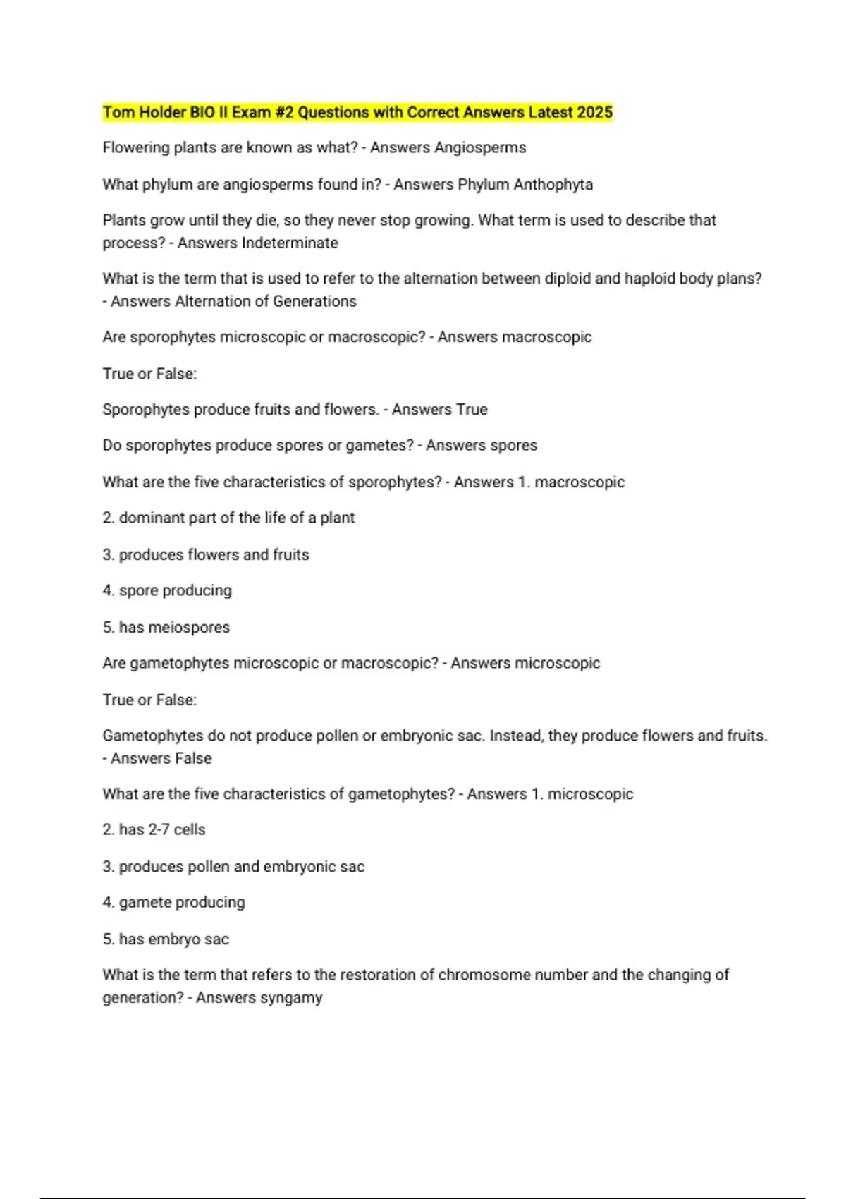 Tom Holder BIO II Exam #2 Questions with Correct Answers Latest 2025 ...