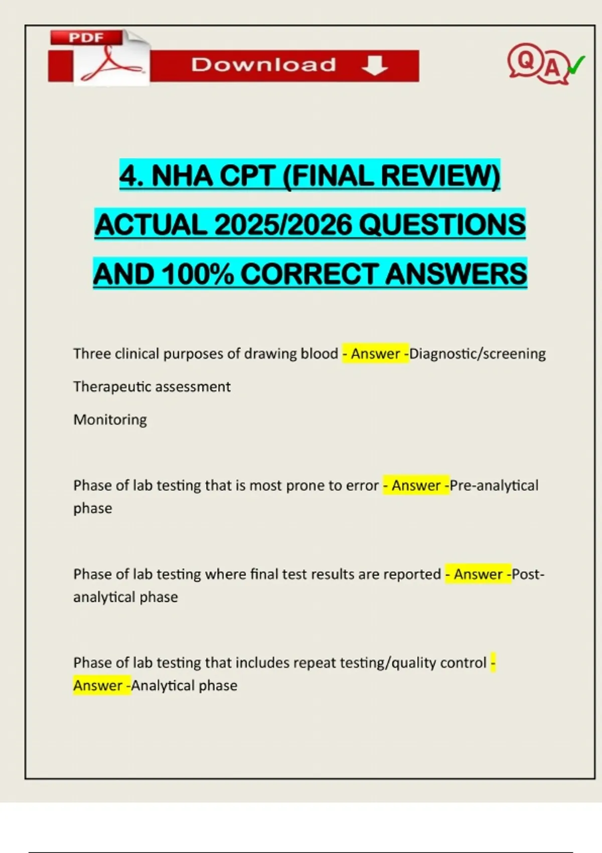 FULL SET EXAMS::: NHA CLINICAL PATIENT CARE, PCT, CPT ACTUAL 2025/2026 ...