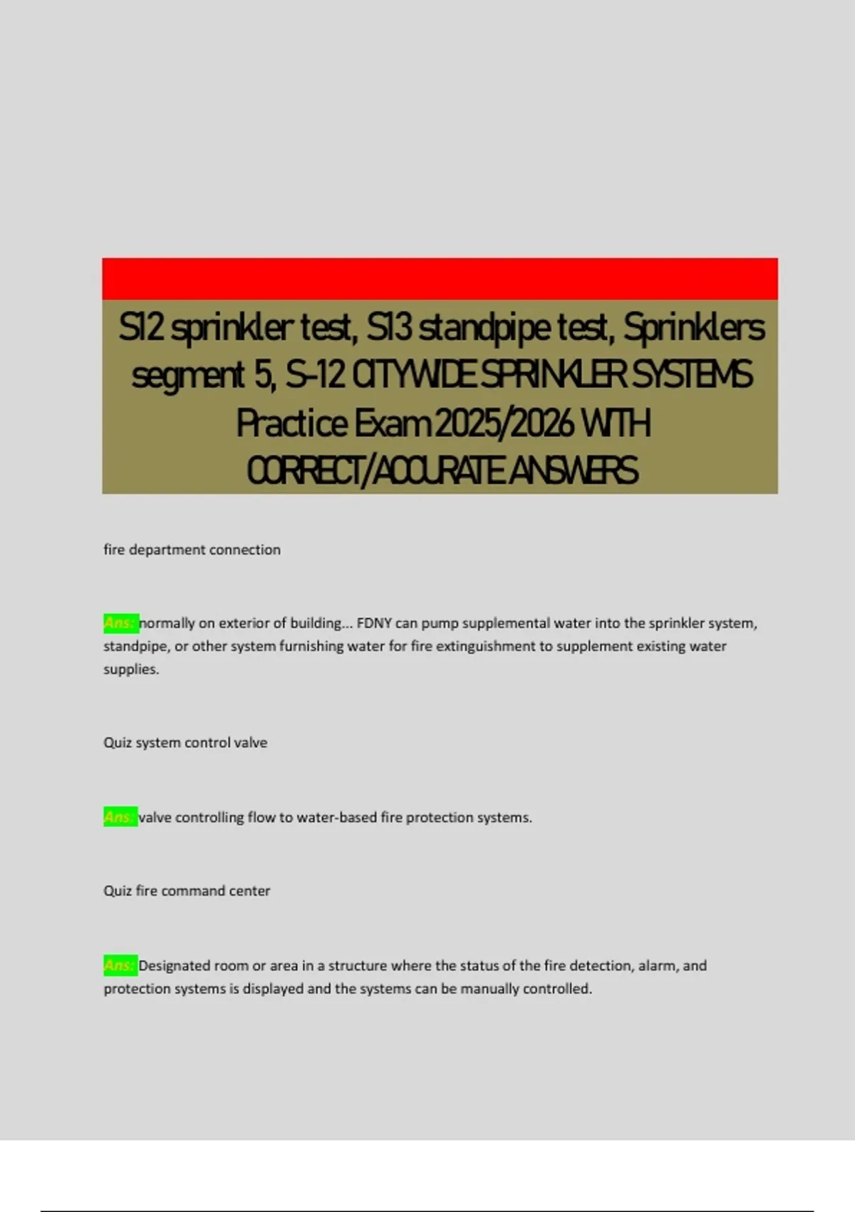 S12 sprinkler test, S13 standpipe test, Sprinklers segment 5, S-12 ...