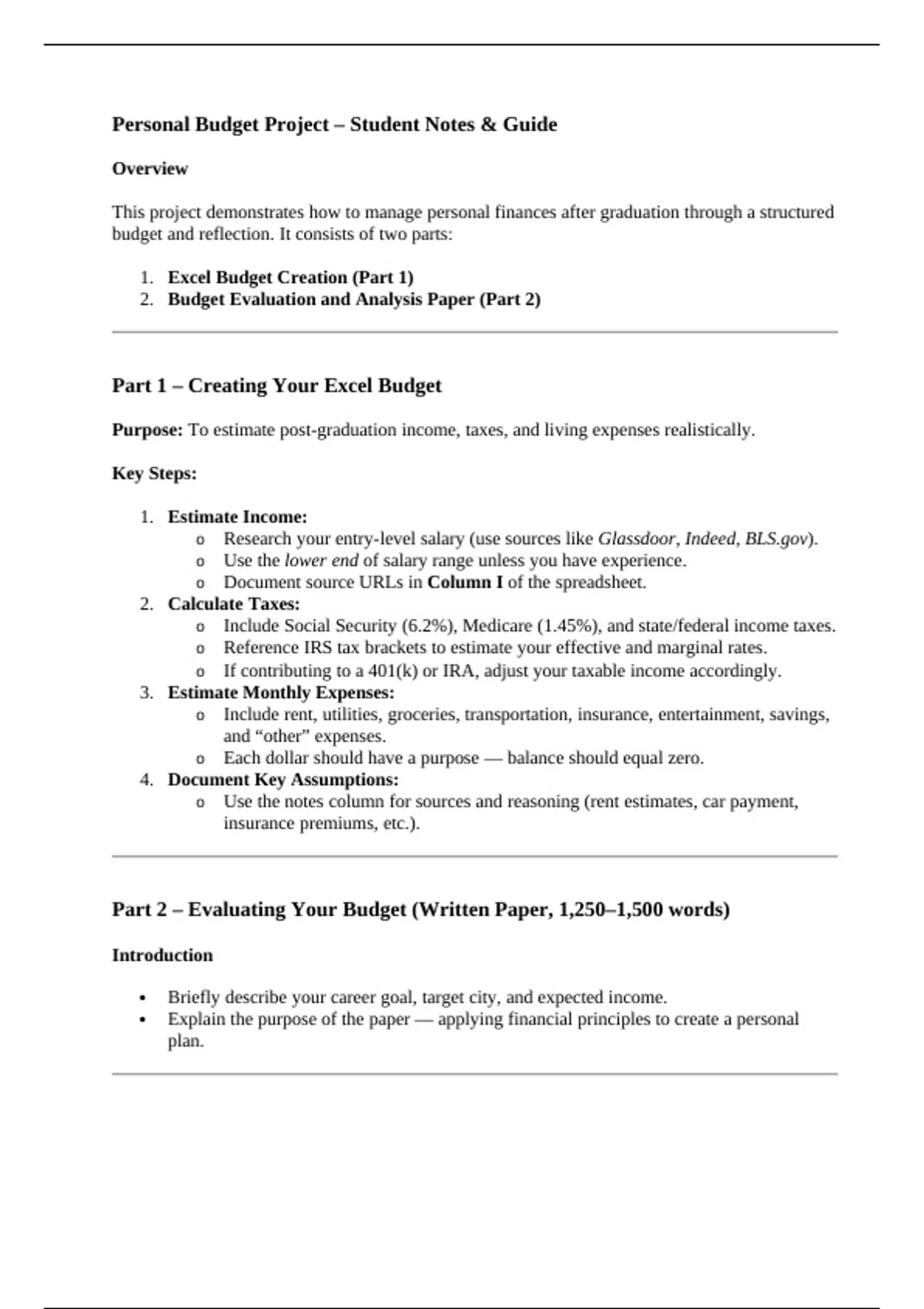 Summary Personal Budget Project – Student Notes & Guide - FIN210 ...