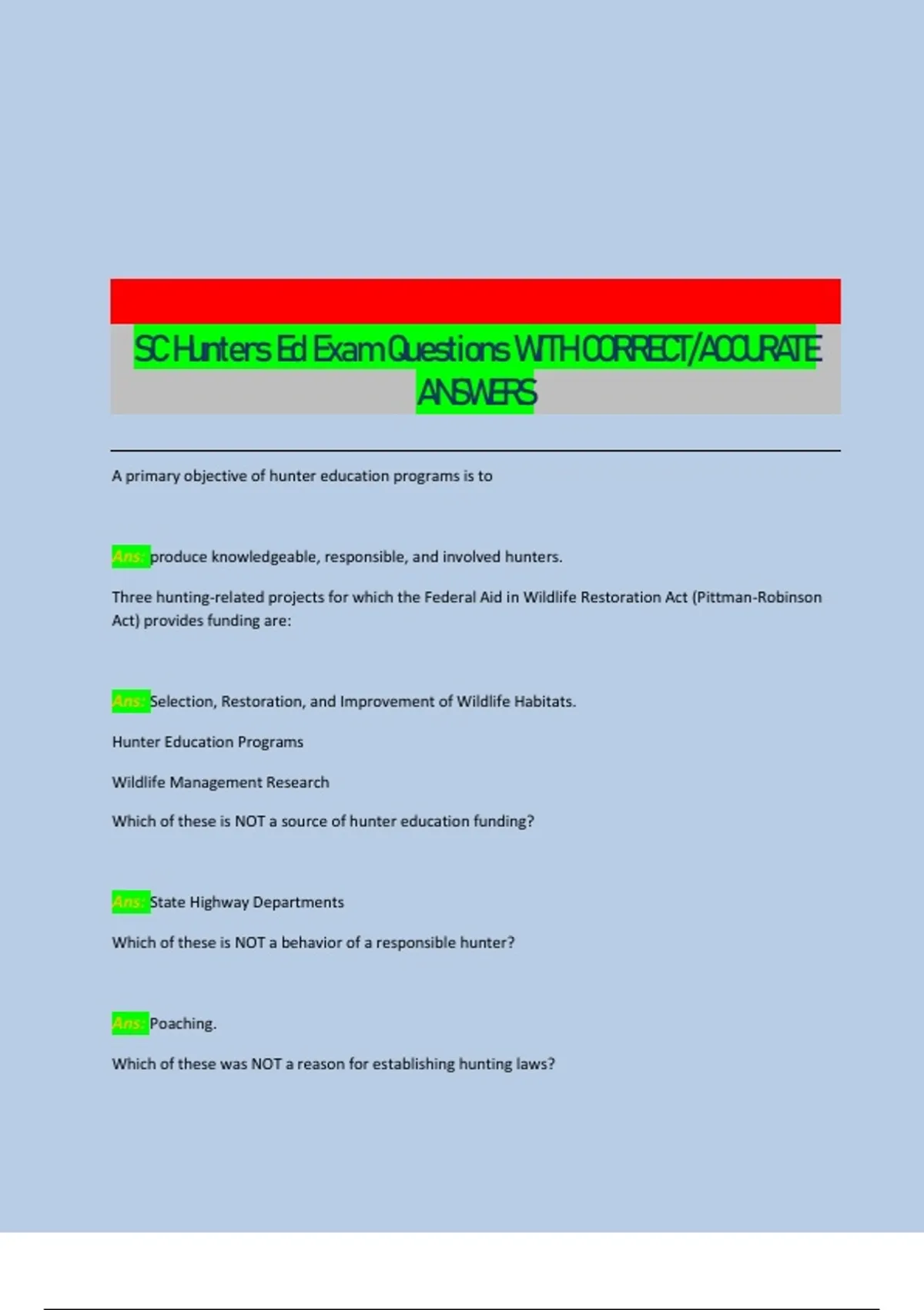 SC Hunters Ed Exam Questions WITH CORRECT/ACCURATE ANSWERS - SC Hunters ...