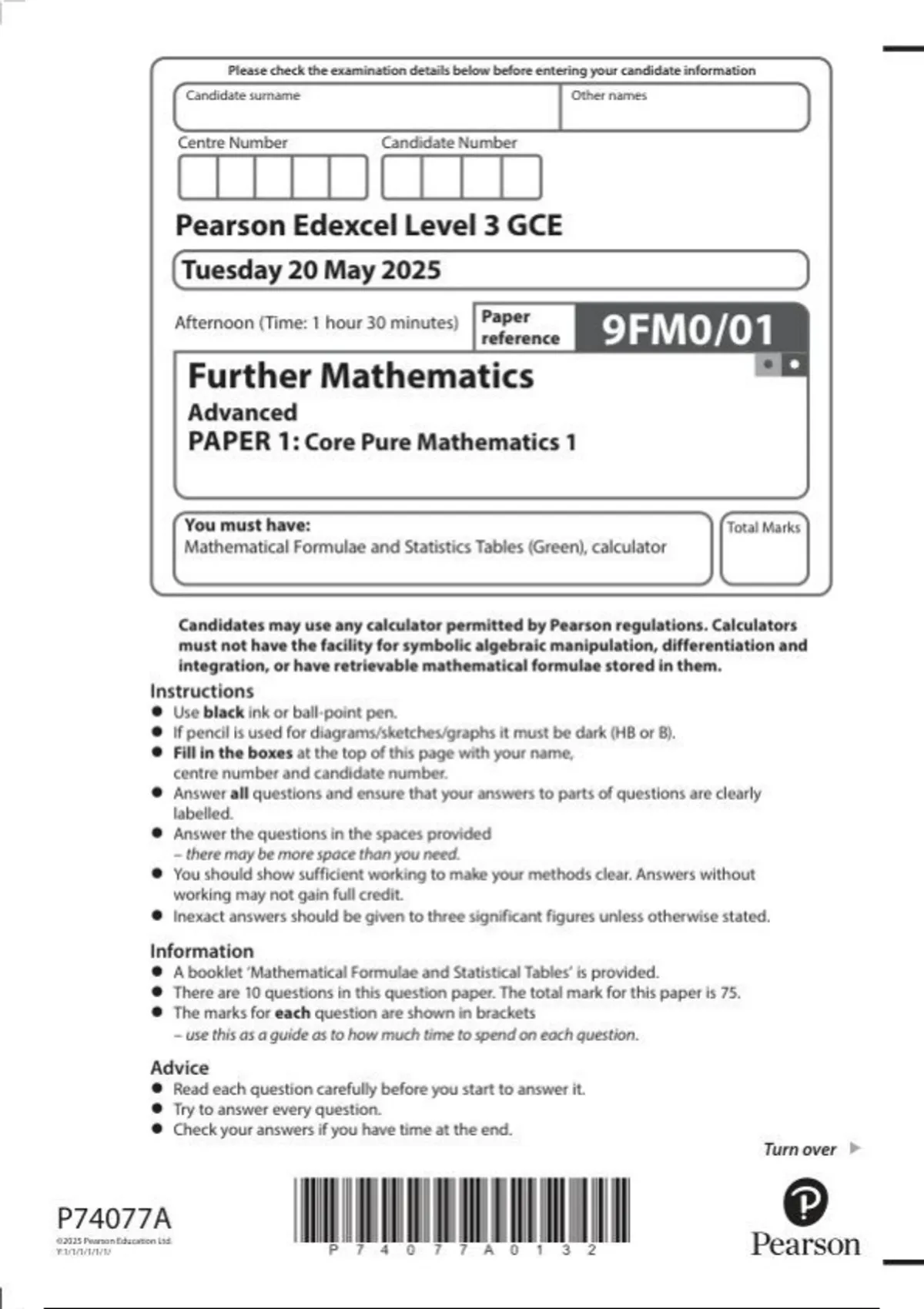 EDEXCEL further mathematics 9fm0-01 paper 1- core pure mathematics 1 ...