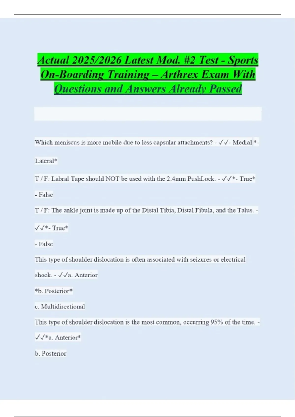 Actual 2025/2026 Latest Mod. #2 Test - Sports On-Boarding Training ...