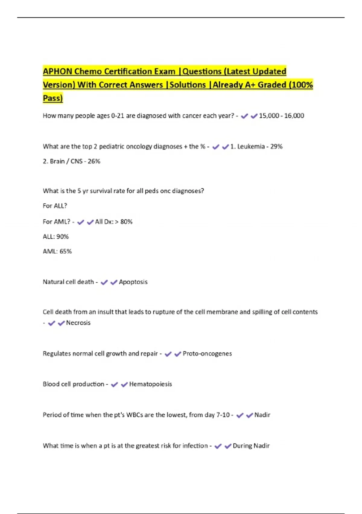 APHON Chemo Certification Exam |Questions (Latest Updated Version) With ...