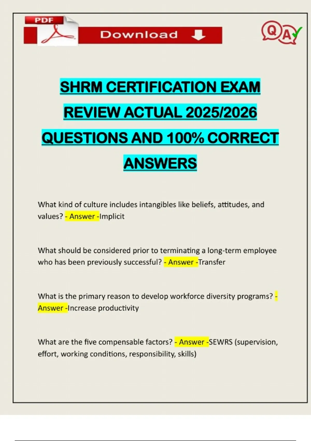 SHRM CERTIFICATION EXAM REVIEW ACTUAL 2025/2026 QUESTIONS AND 100% ...