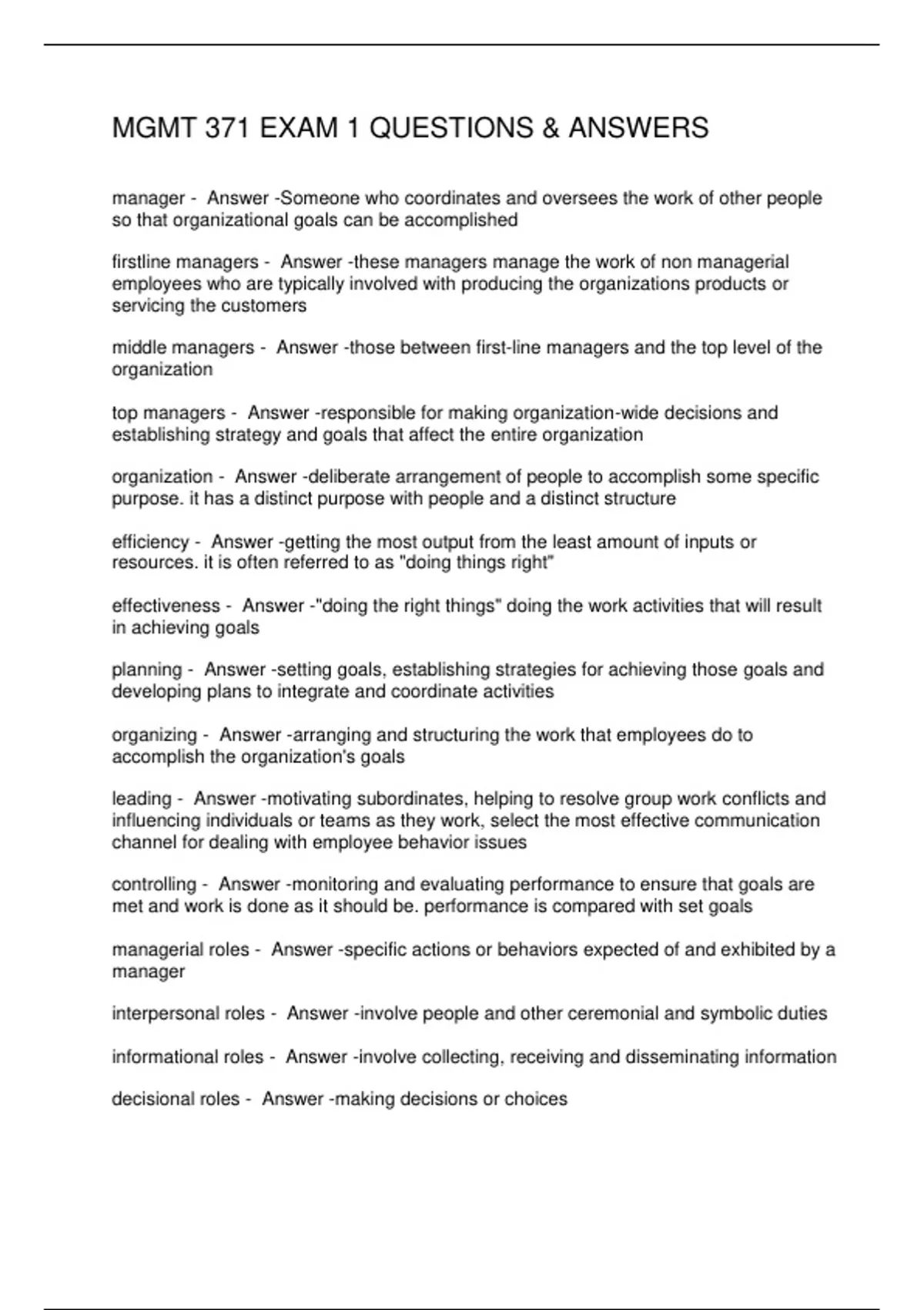 MGMT 371 EXAM 1 QUESTIONS & ANSWERS - MGMT 371 - Stuvia US