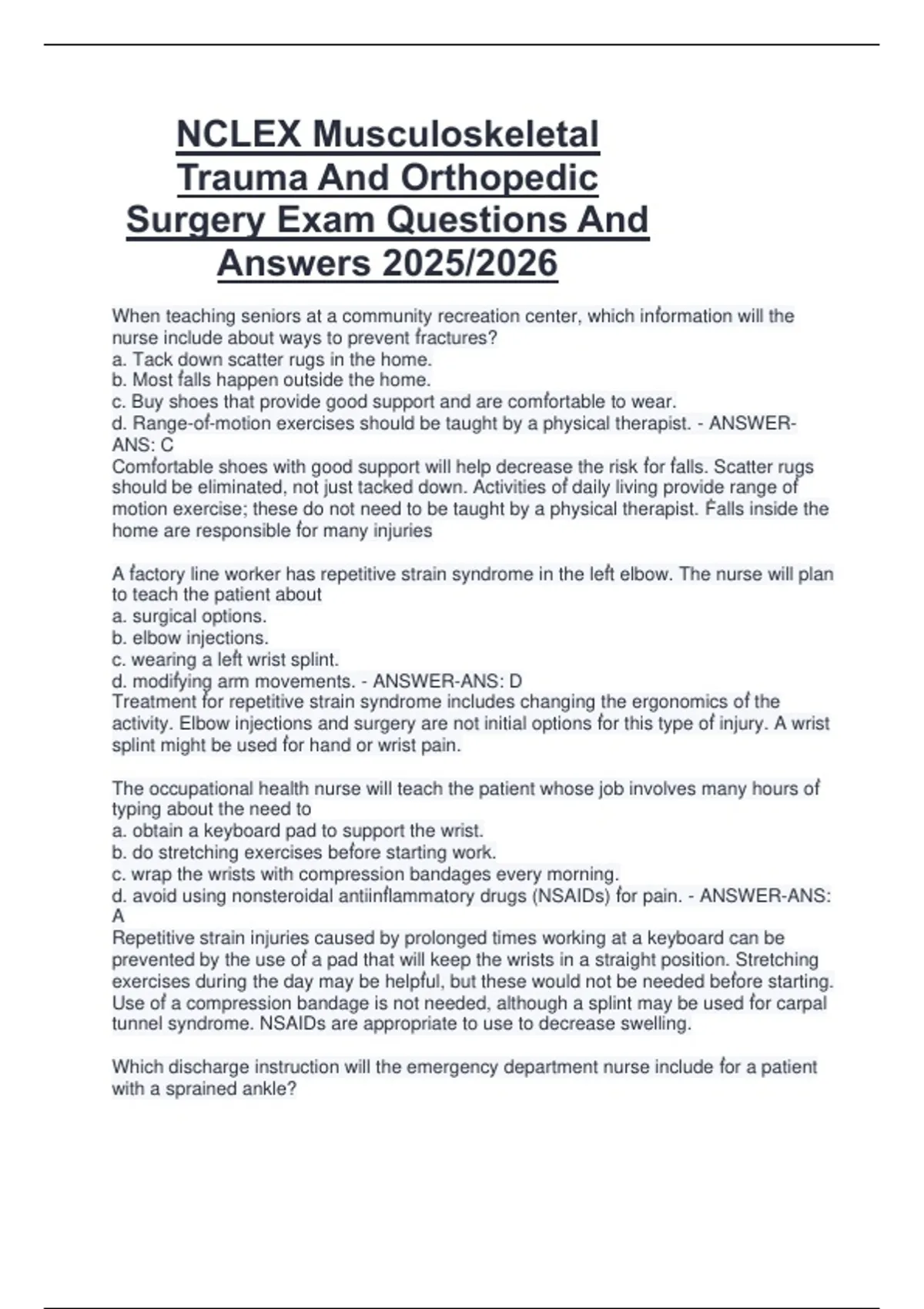 NCLEX Musculoskeletal Trauma And Orthopedic Surgery Exam Questions And ...