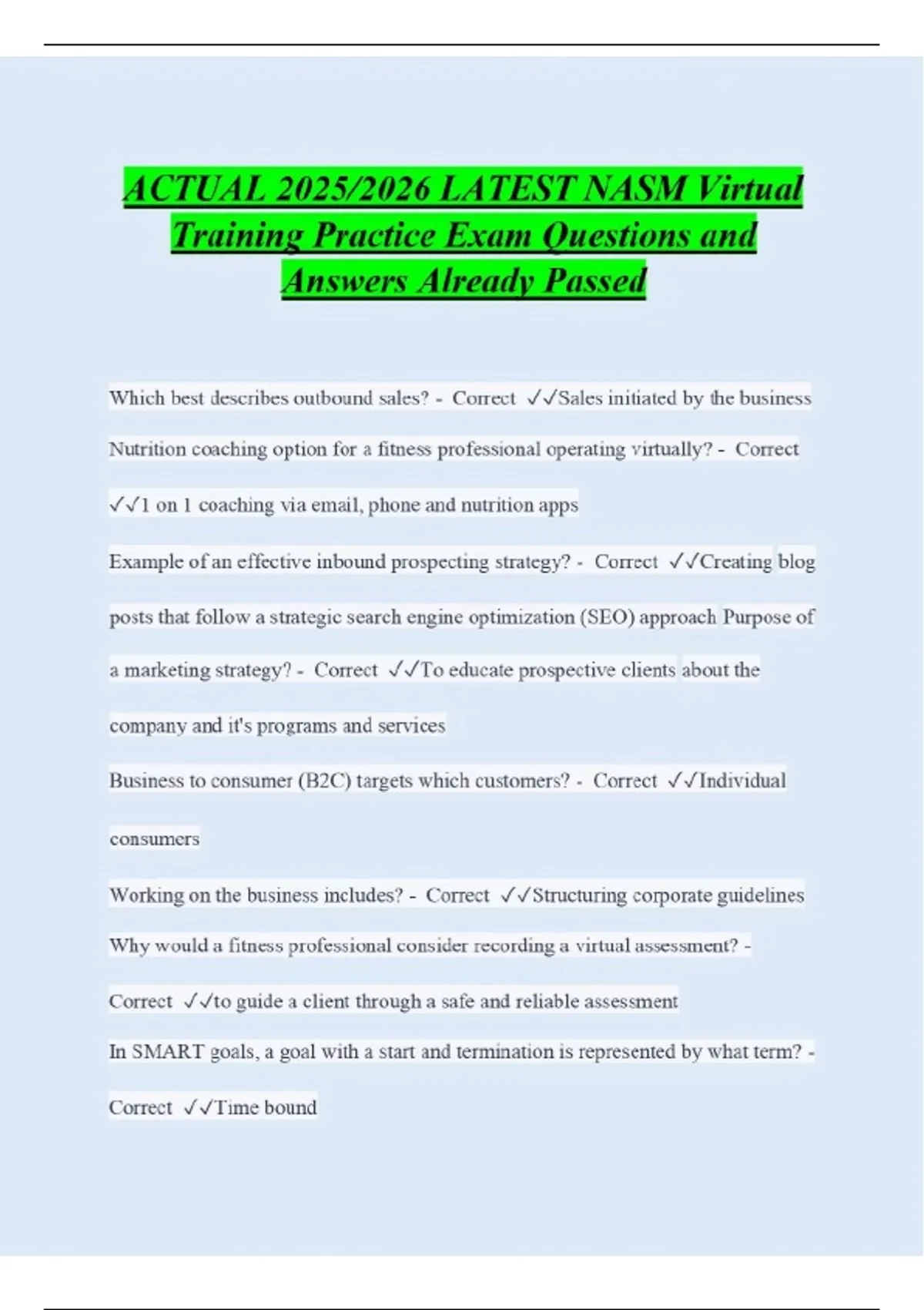 ACTUAL 2025/2026 LATEST NASM Virtual Training Practice Exam Questions ...
