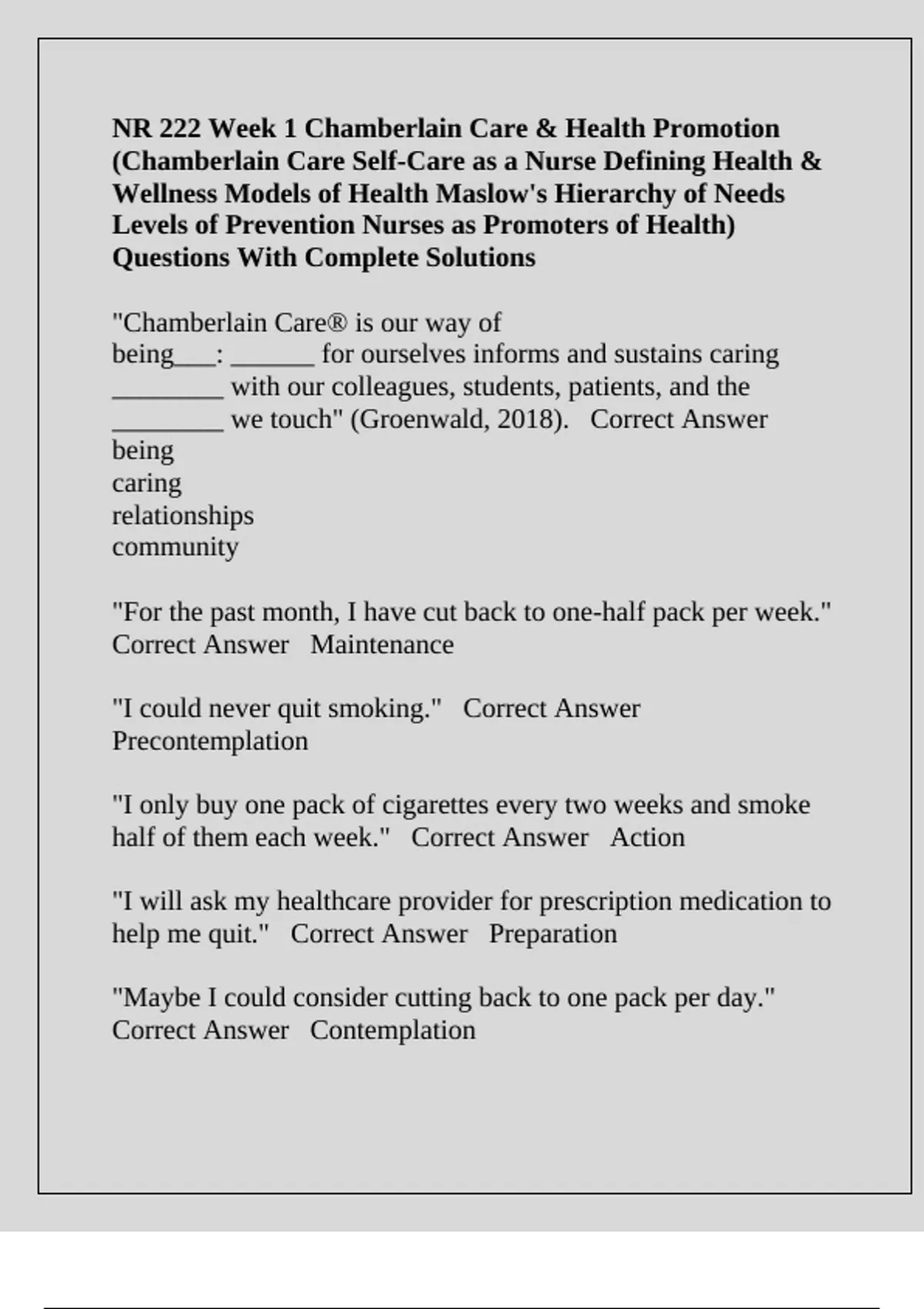 NR 222 Week 1 Chamberlain Care & Health Promotion (Chamberlain Care ...