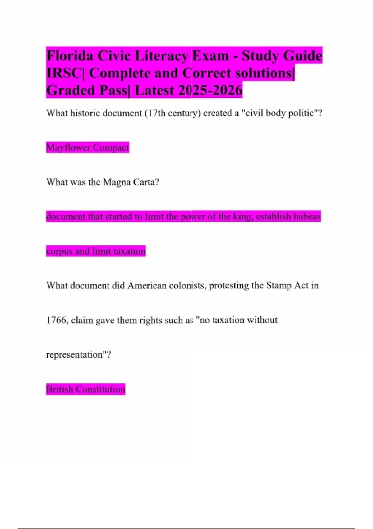 Florida Civic Literacy Exam - Study Guide IRSC| Complete and Correct ...