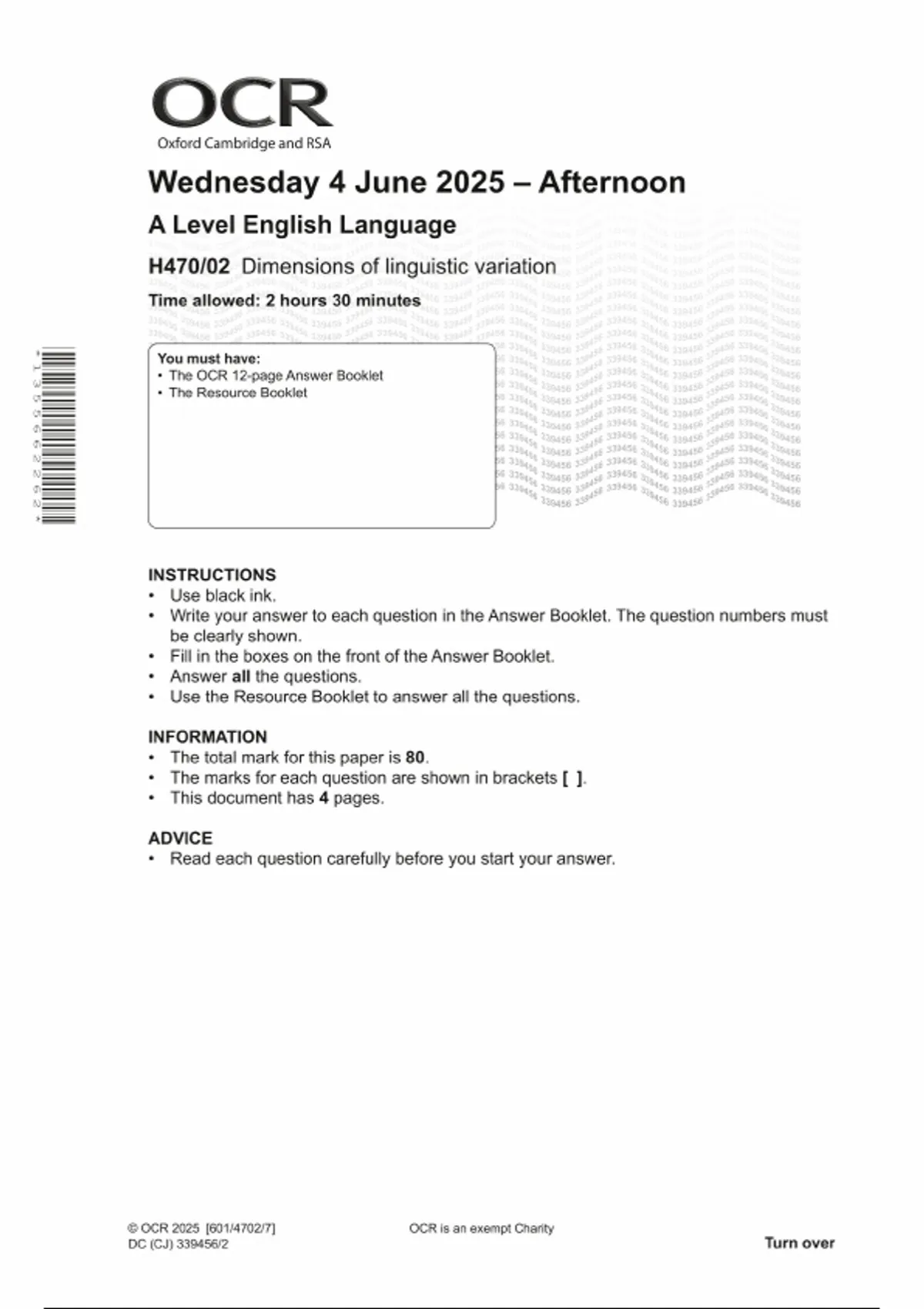 OCR A LEVEL ENGLISH LANGUAGE PAPER 2 2025(H470/02:DIMENSIONS OF ...