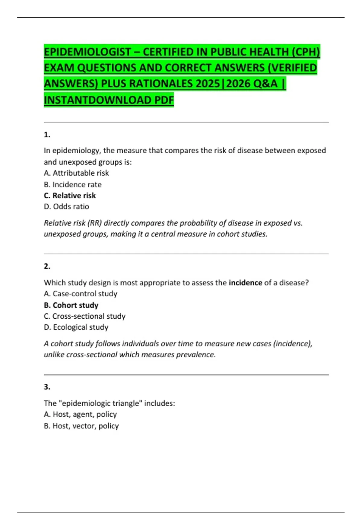 EPIDEMIOLOGIST – CERTIFIED IN PUBLIC HEALTH (CPH) EXAM QUESTIONS AND CORRECT ANSWERS (VERIFIED ...