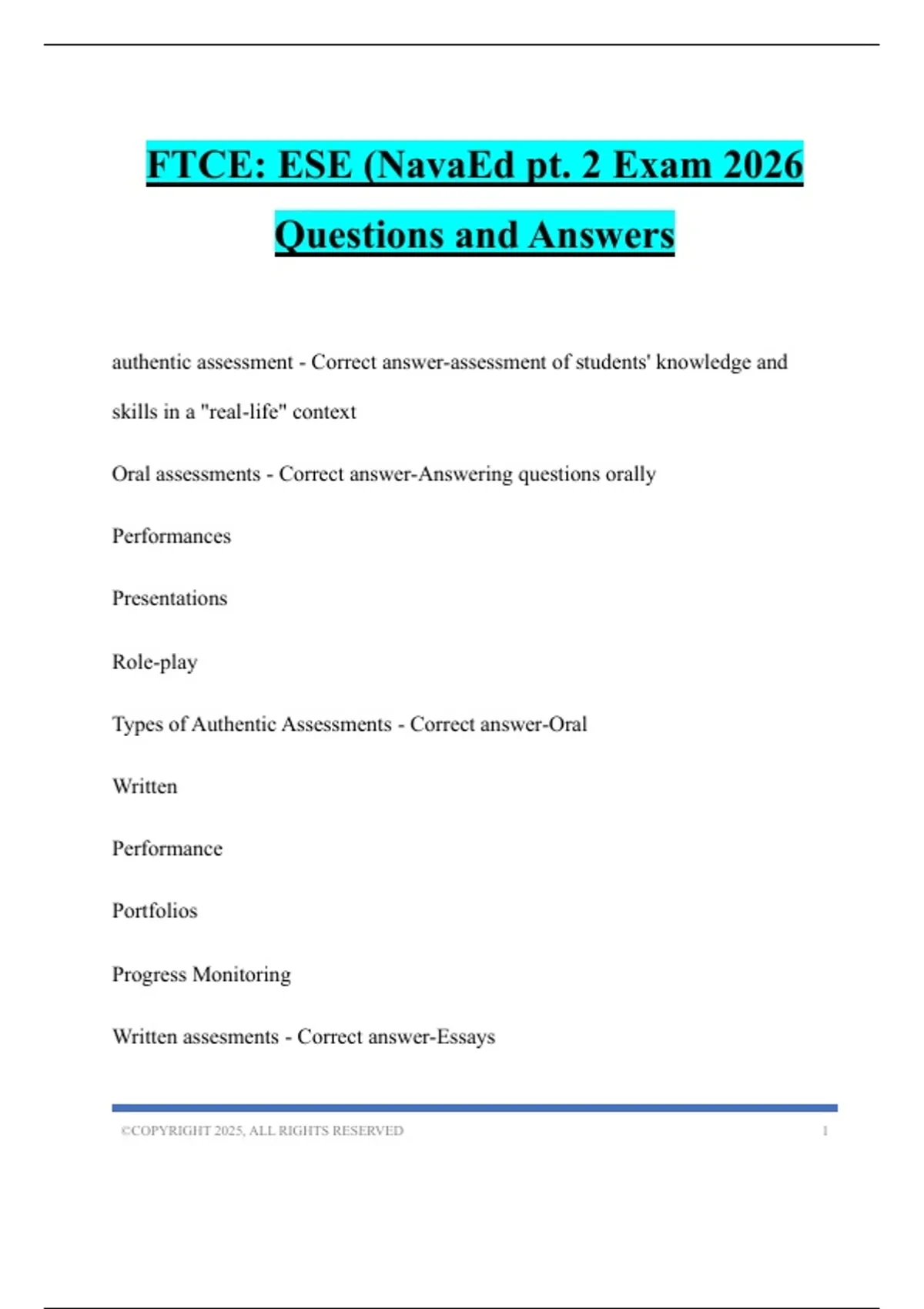 FTCE: ESE (NavaEd pt. 2 Exam 2026 Questions and Answers - FTCE: ESE ...