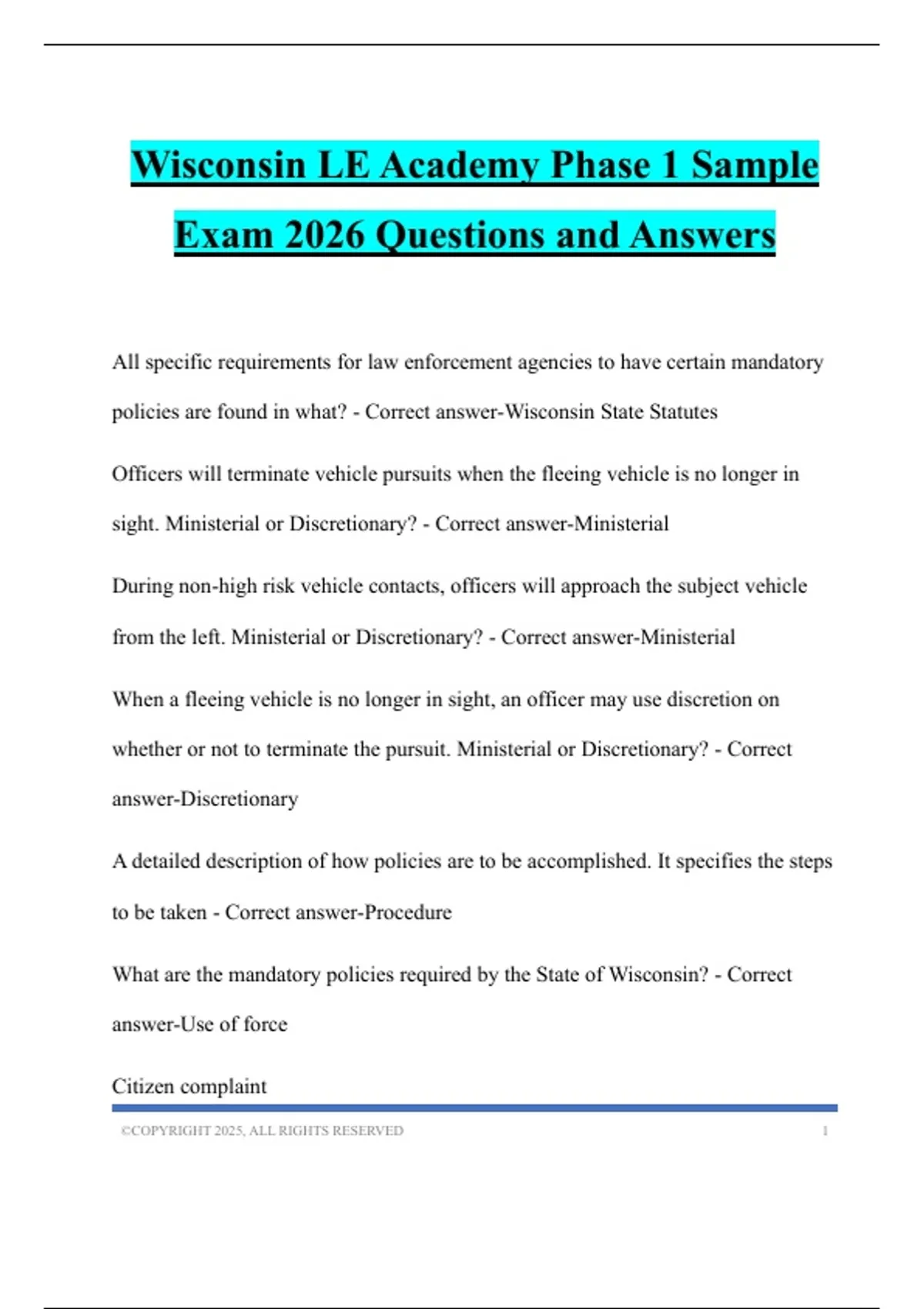 Wisconsin LE Academy Phase 1 Sample Exam 2026 Questions and Answers ...