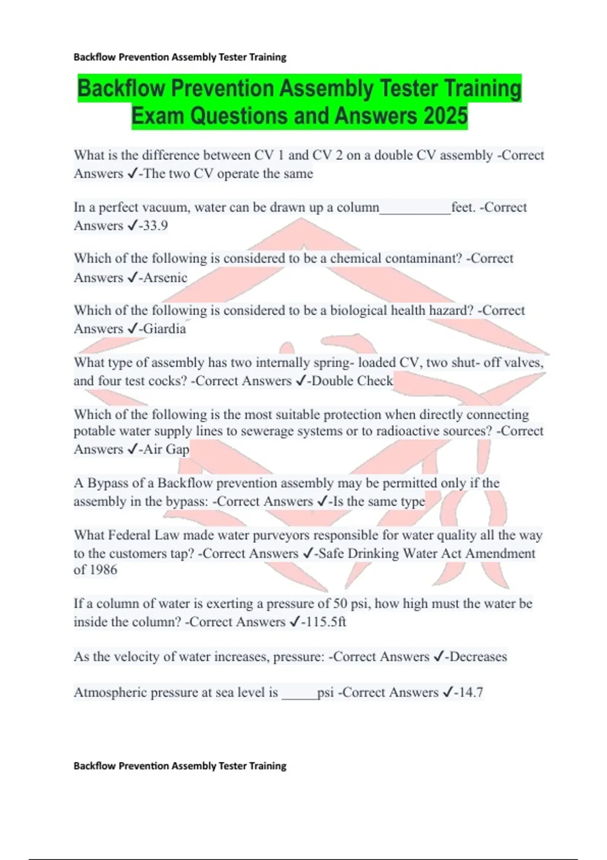 Backflow Prevention Assembly Tester Training Exam Questions and Answers ...