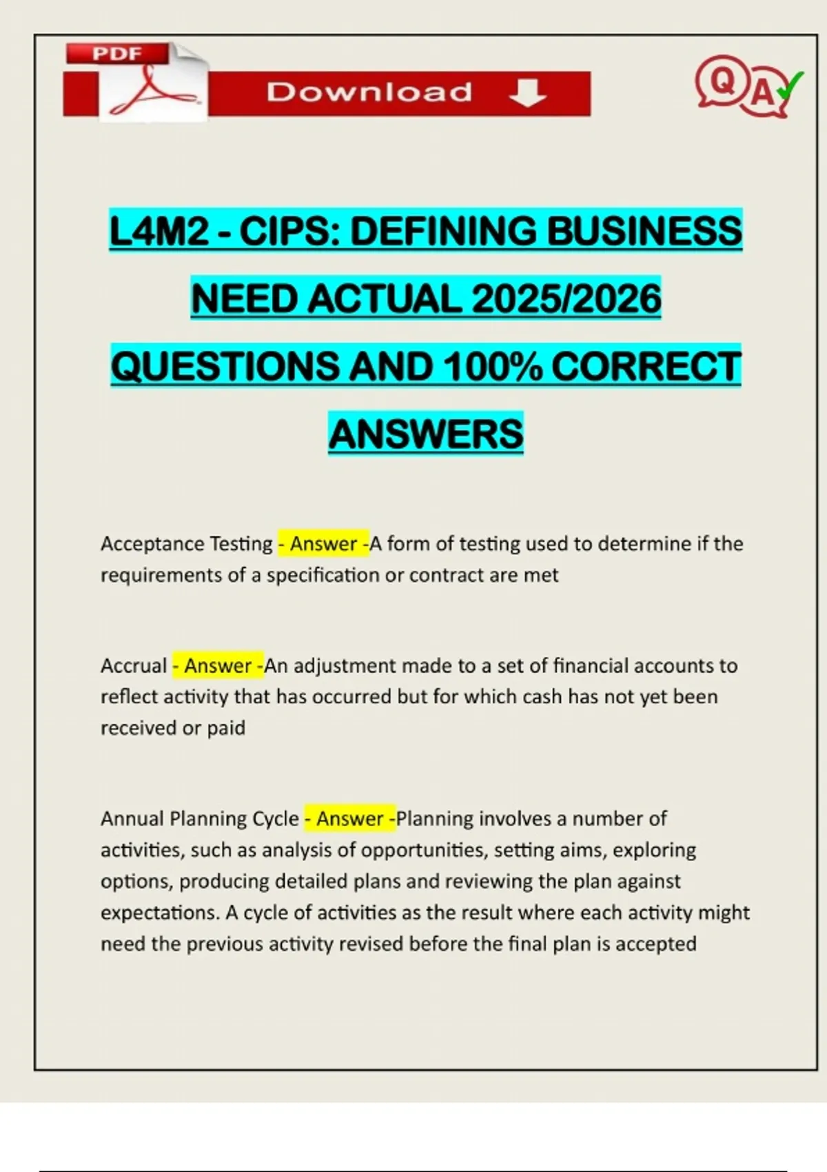 L4M2 - CIPS: DEFINING BUSINESS NEED ACTUAL 2025/2026 QUESTIONS AND 100% ...