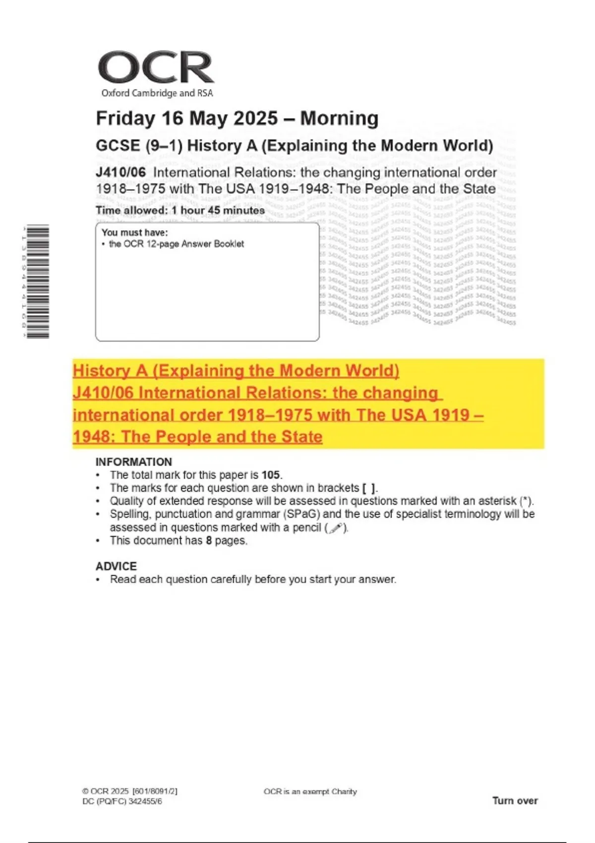 History A (Explaining the Modern World) J410/06 International Relations ...