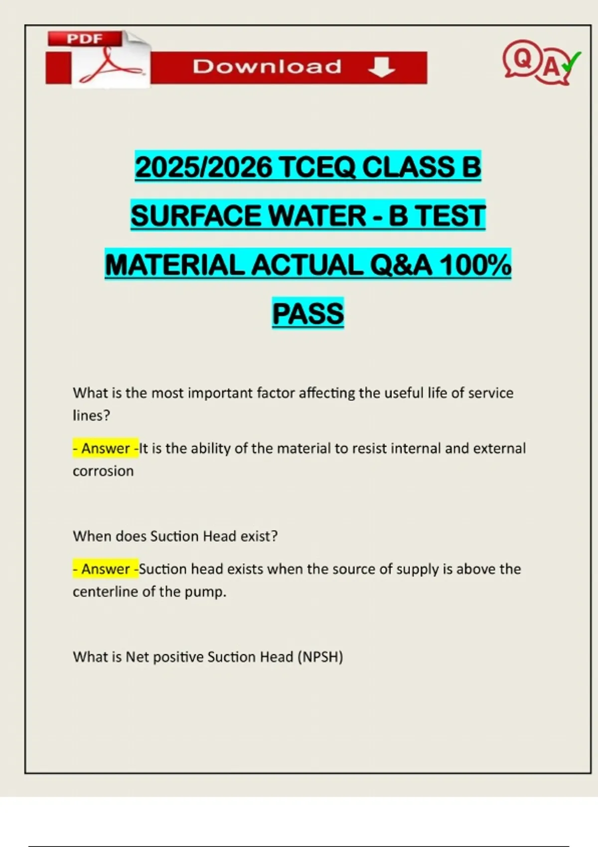 2025/2026 TCEQ CLASS B SURFACE WATER - B TEST MATERIAL ACTUAL Q&A 100% ...