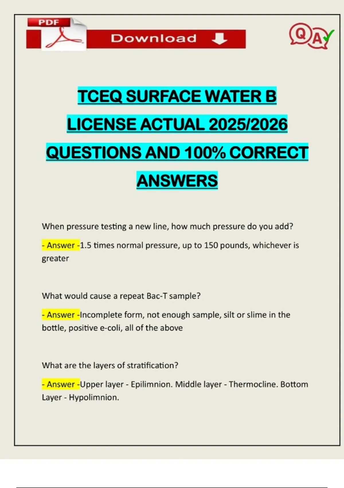 TCEQ SURFACE WATER B LICENSE ACTUAL 2025/2026 QUESTIONS AND 100% ...