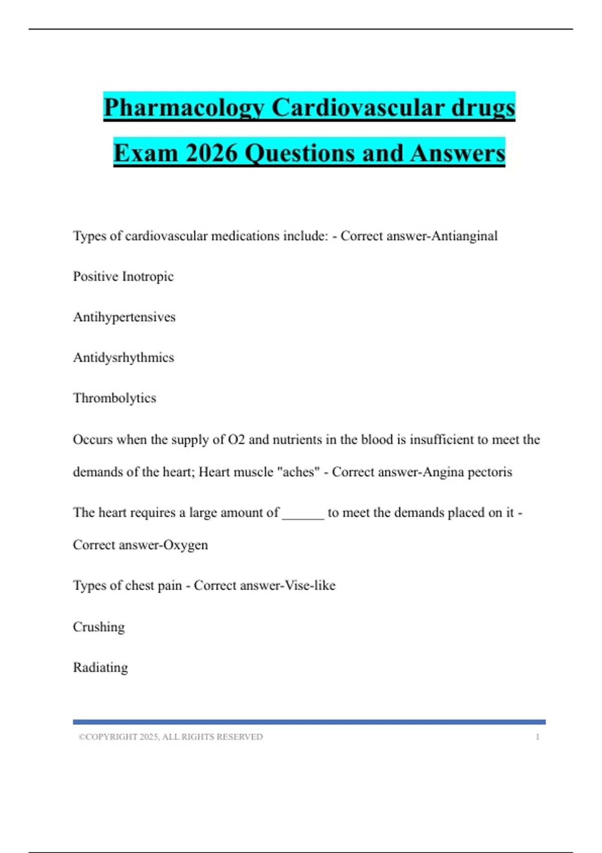 Pharmacology Cardiovascular drugs Exam 2026 Questions and Answers ...