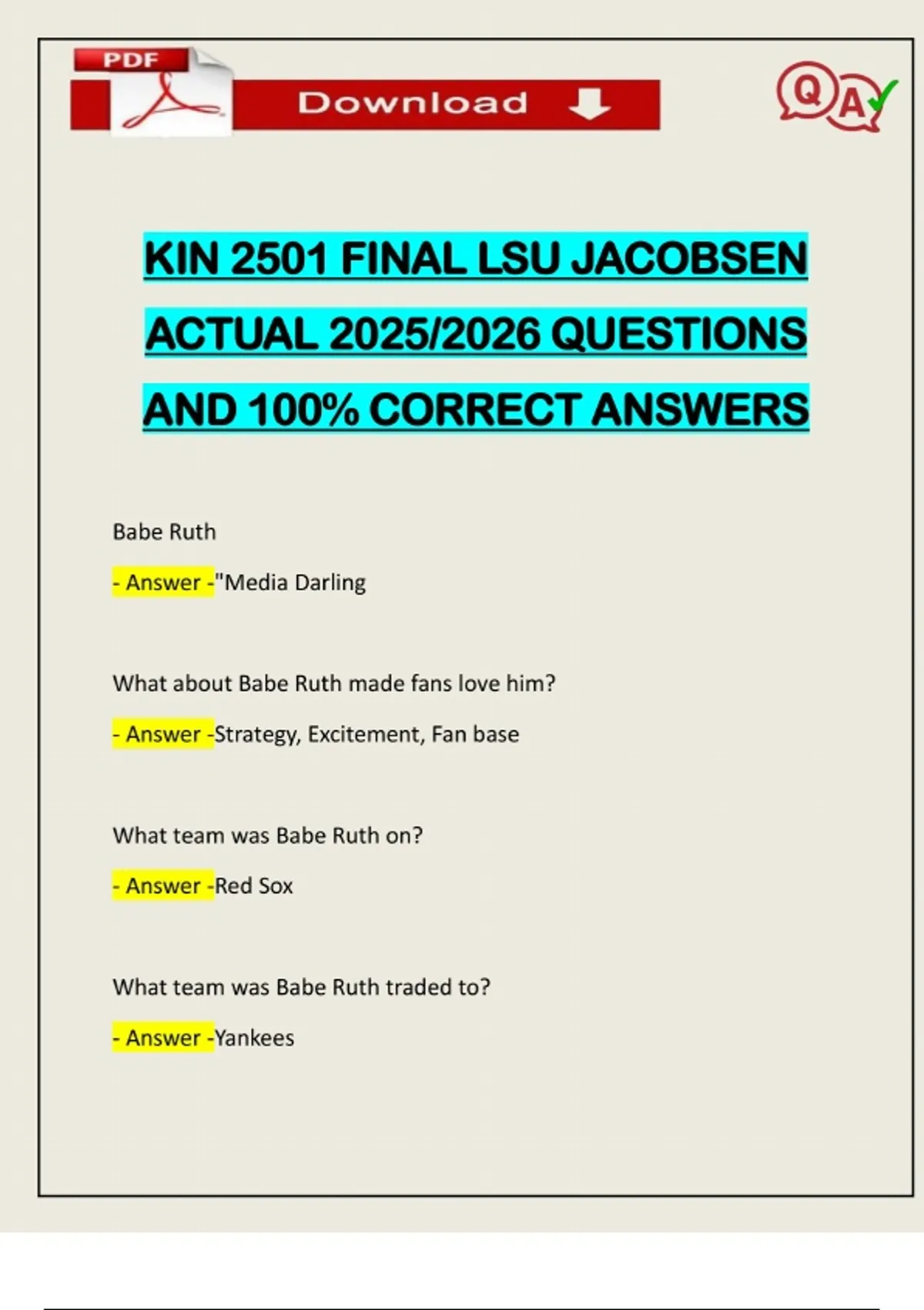 KIN 2501 FINAL LSU JACOBSEN ACTUAL 2025/2026 QUESTIONS AND 100% CORRECT ...