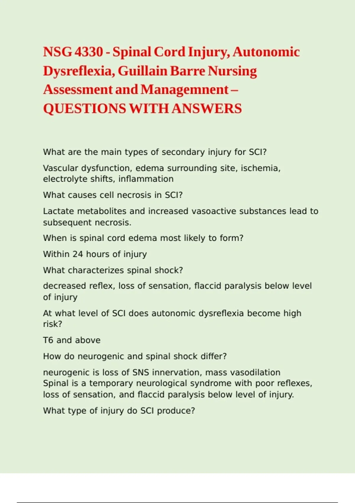 NSG 4330 - Spinal Cord Injury, Autonomic Dysreflexia, Guillain Barre ...