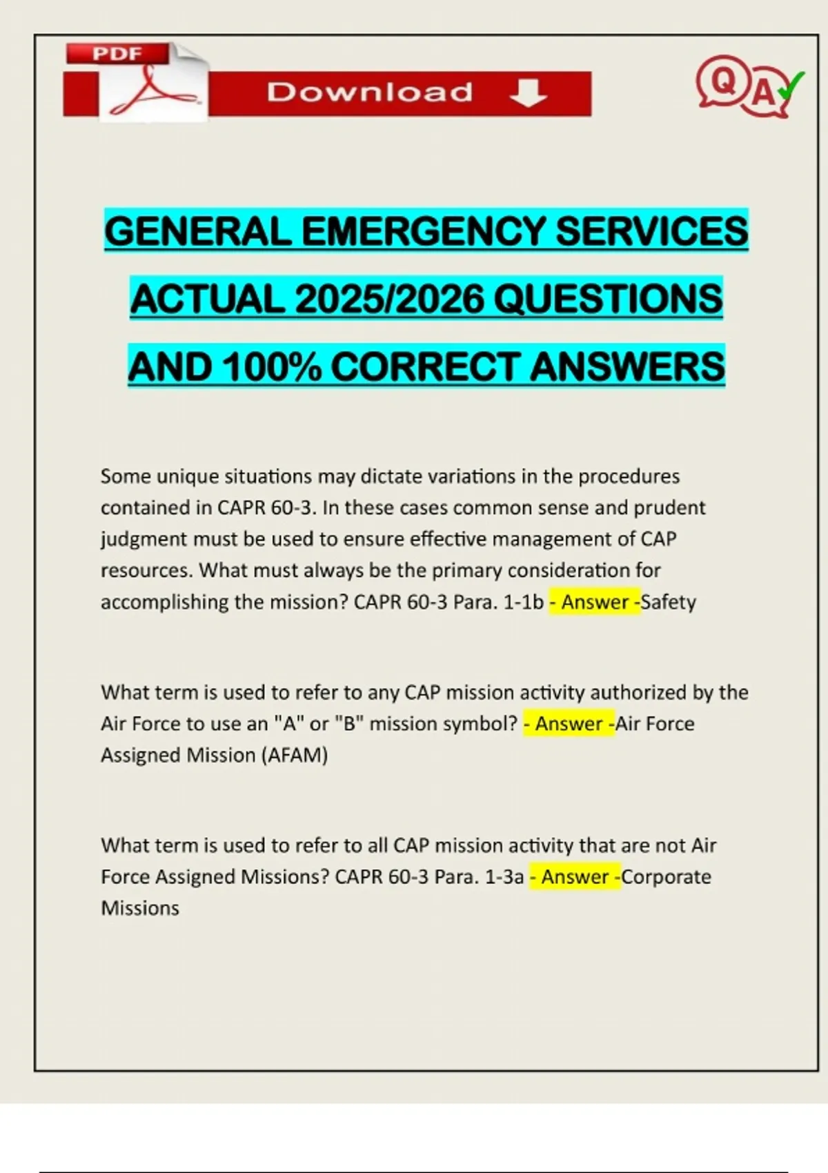 GENERAL EMERGENCY SERVICES ACTUAL 2025/2026 QUESTIONS AND 100% CORRECT ...