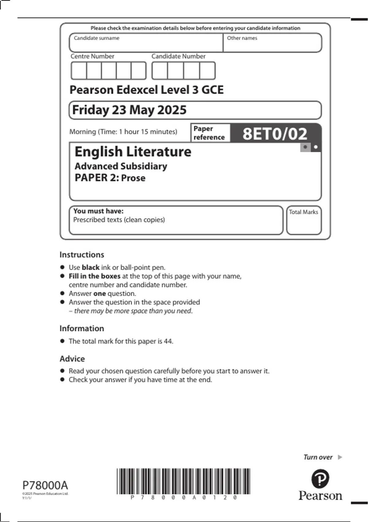 PEARSON EDEXCEL AS ENGLISH LITERATURE PAPER 2 QUESTION PAPER 2025 (8ET0 ...