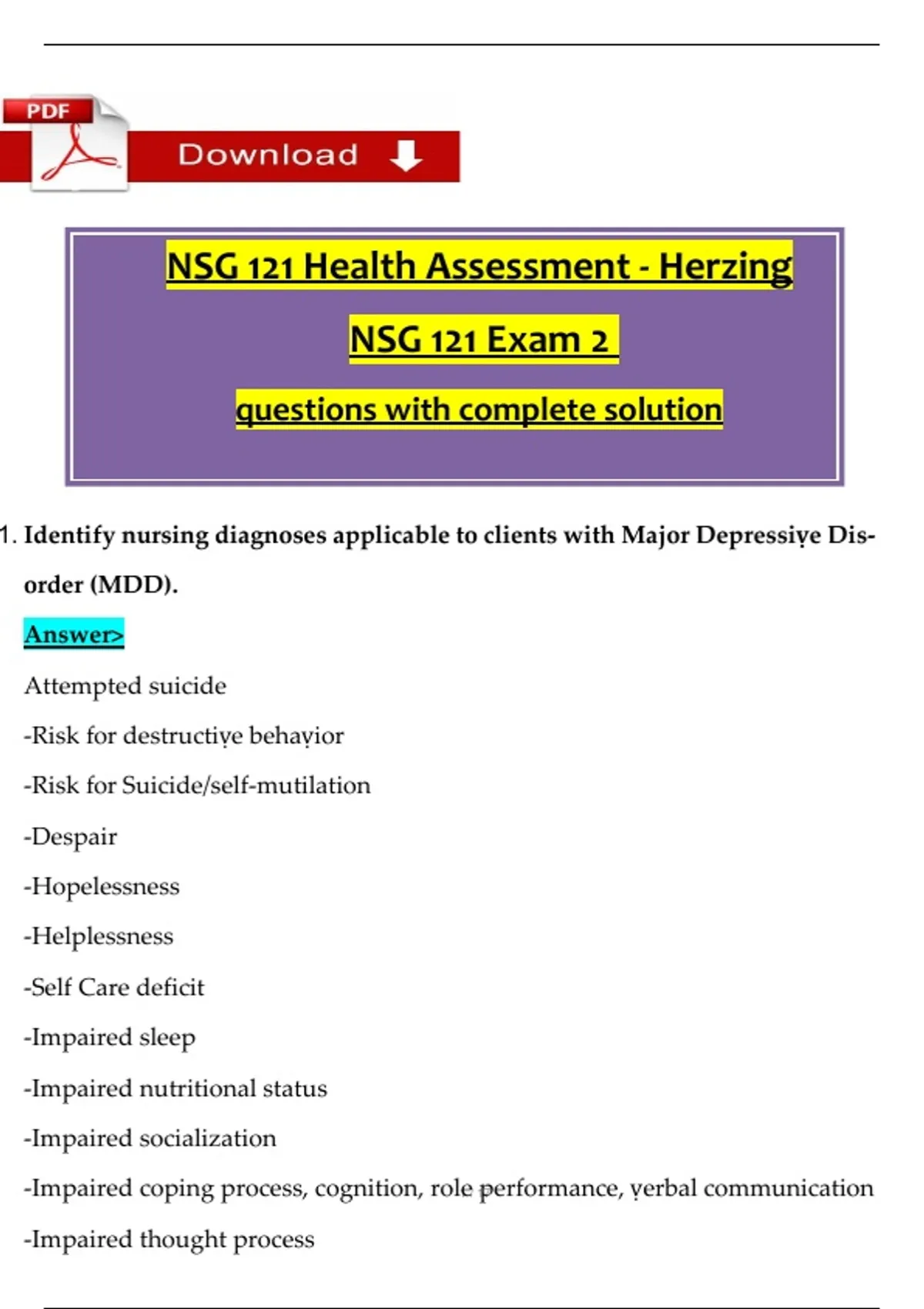 NSG 121 Health Assessment - Herzing NSG 121 Exam 2 questions with ...