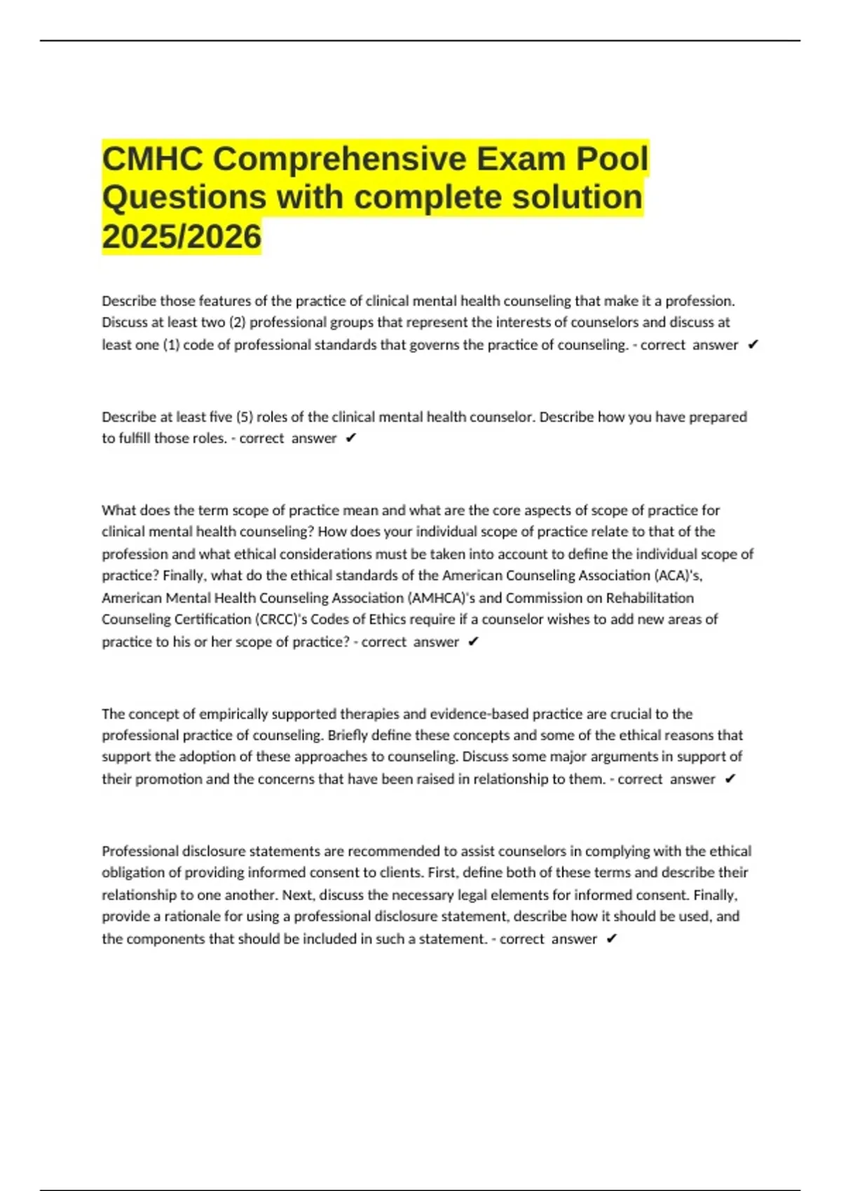 CMHC Comprehensive Exam Pool Questions with complete solution 2025/2026 ...